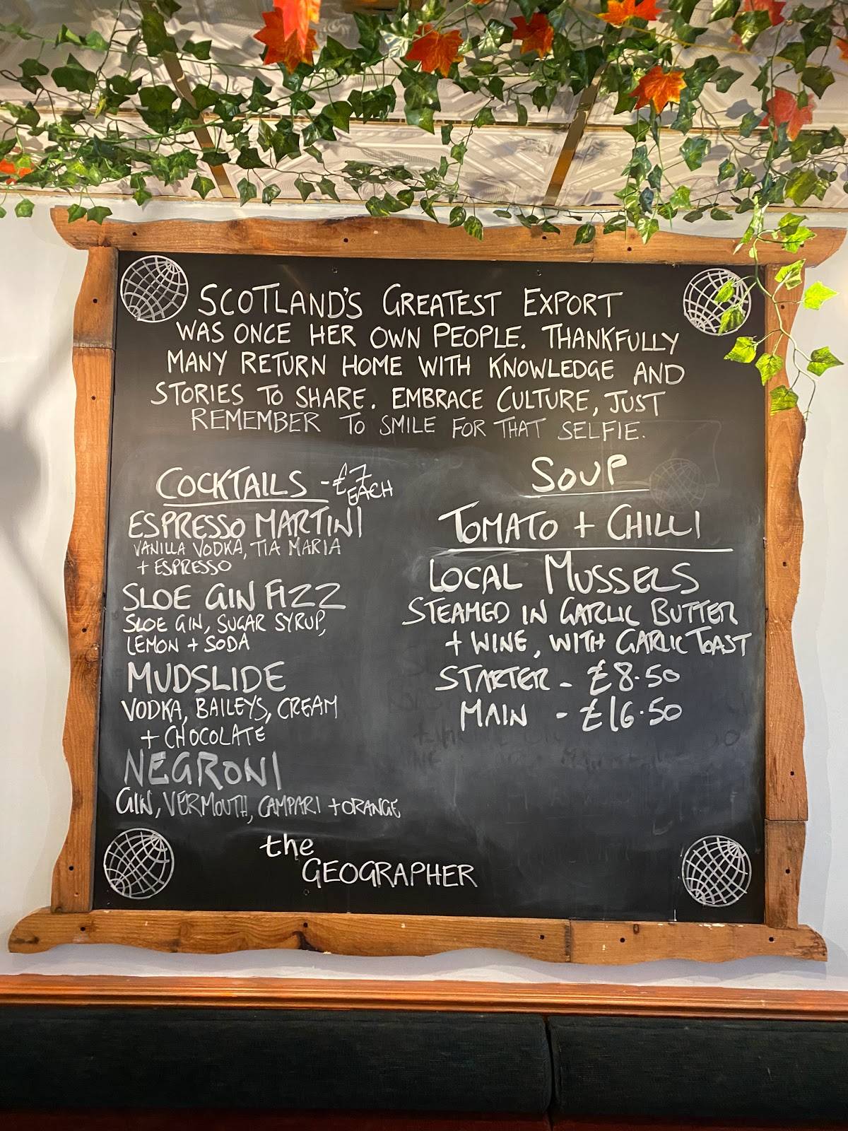 Menu at The Geographer restaurant, Fort William