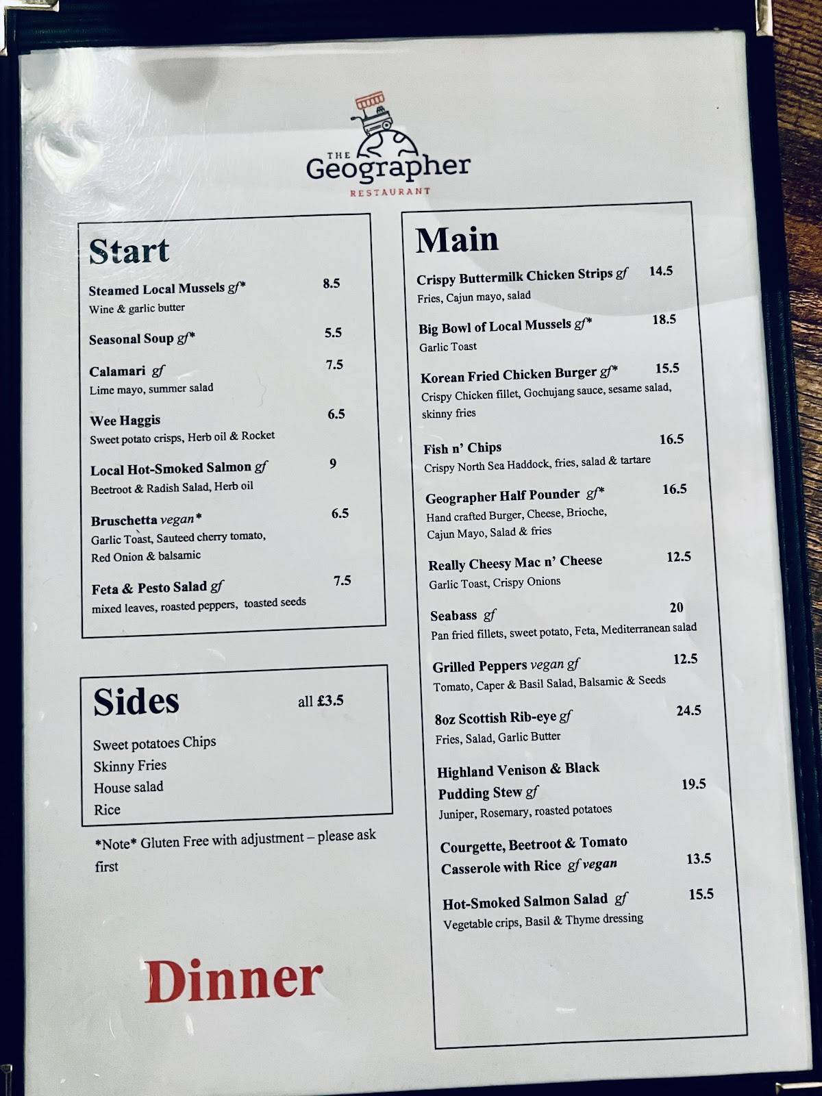 Menu at The Geographer restaurant, Fort William