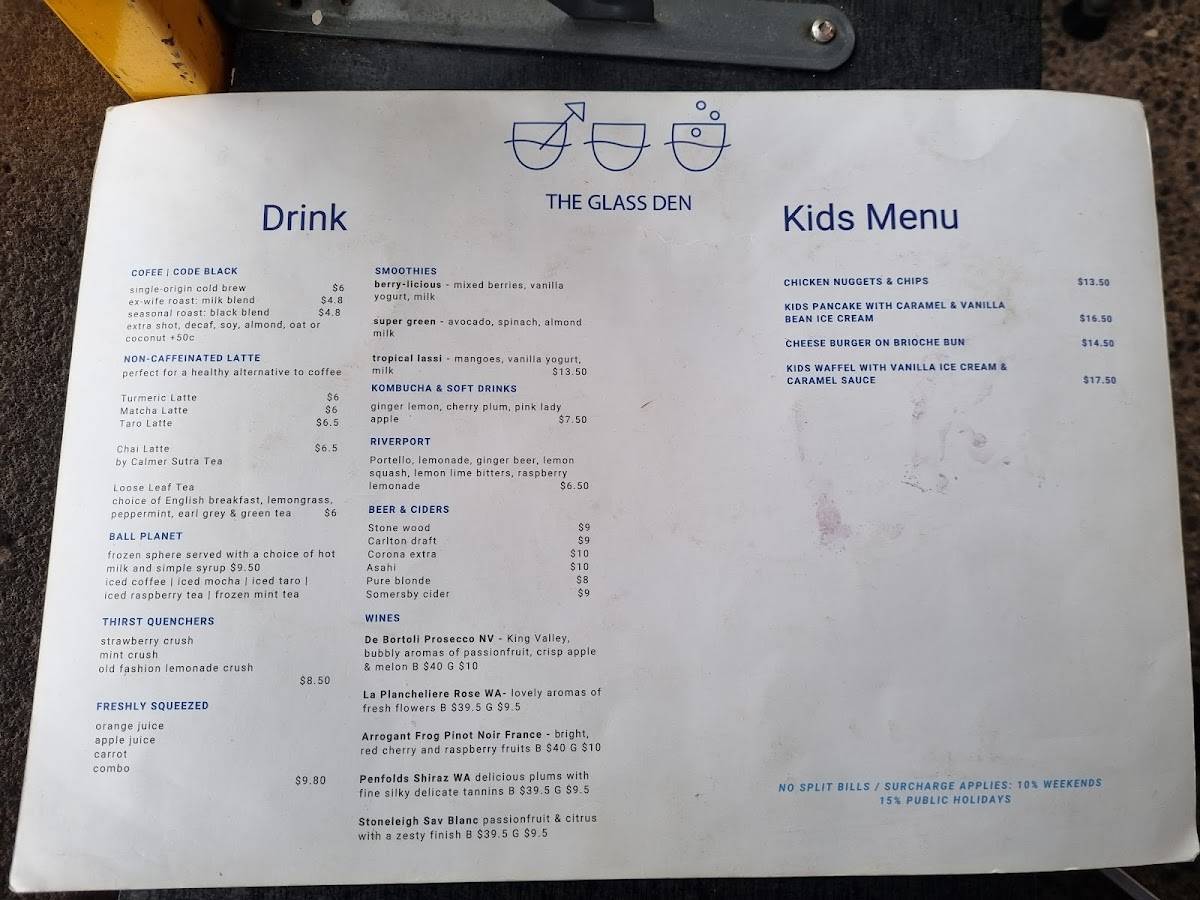 Menu at The Glass Den cafe, Coburg