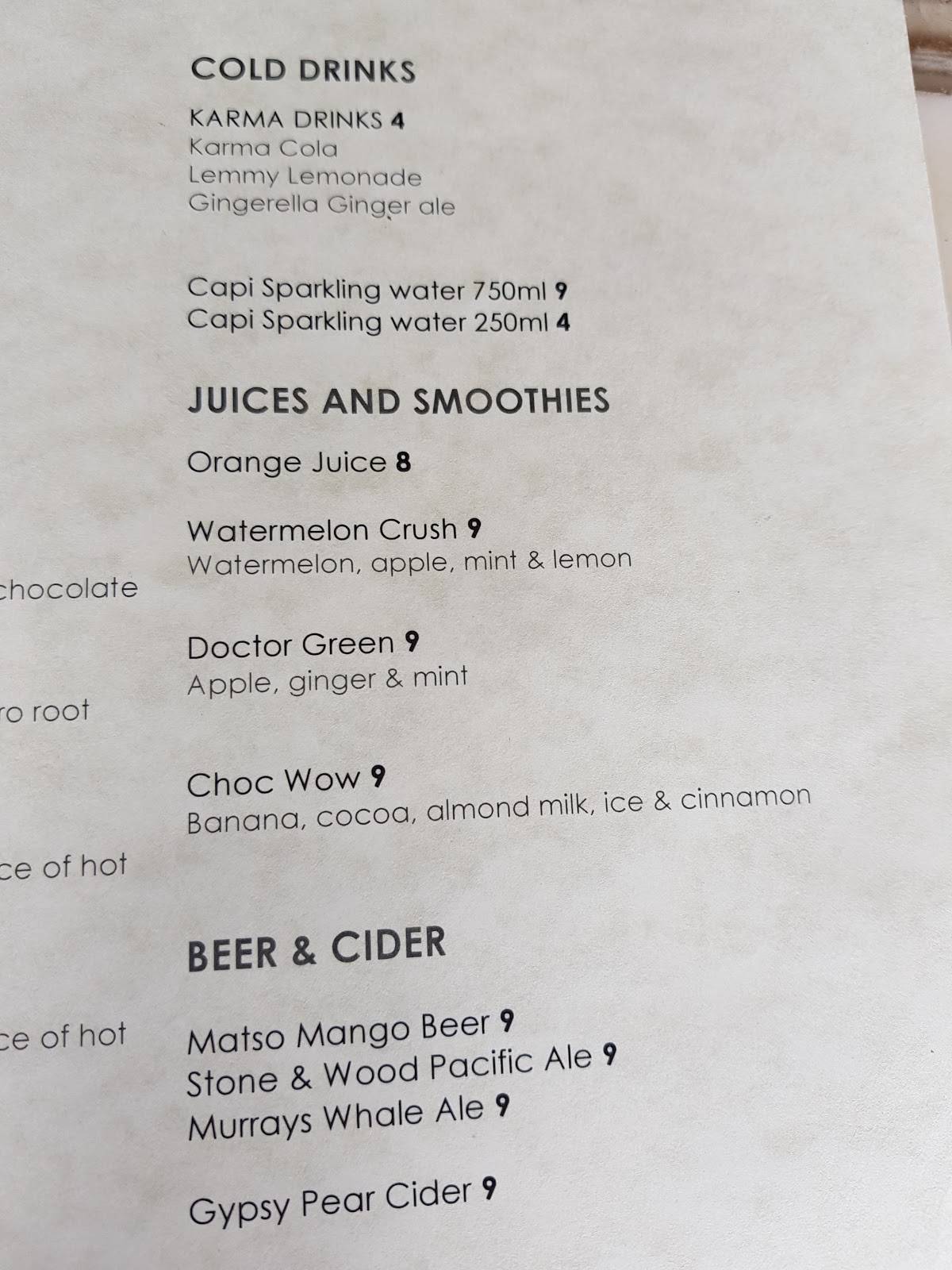 Menu at The Glass Den cafe, Coburg