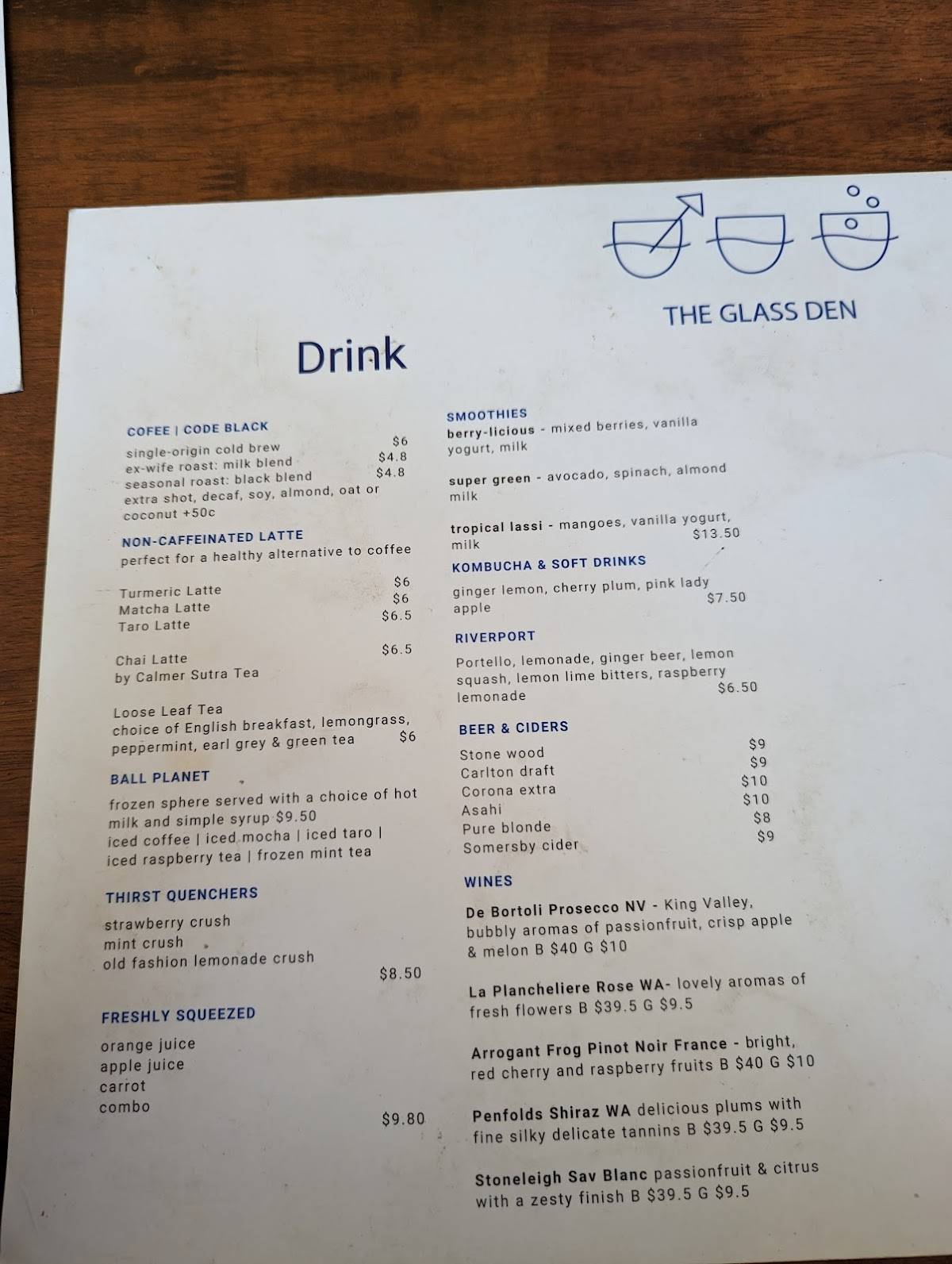 Menu at The Glass Den cafe, Coburg