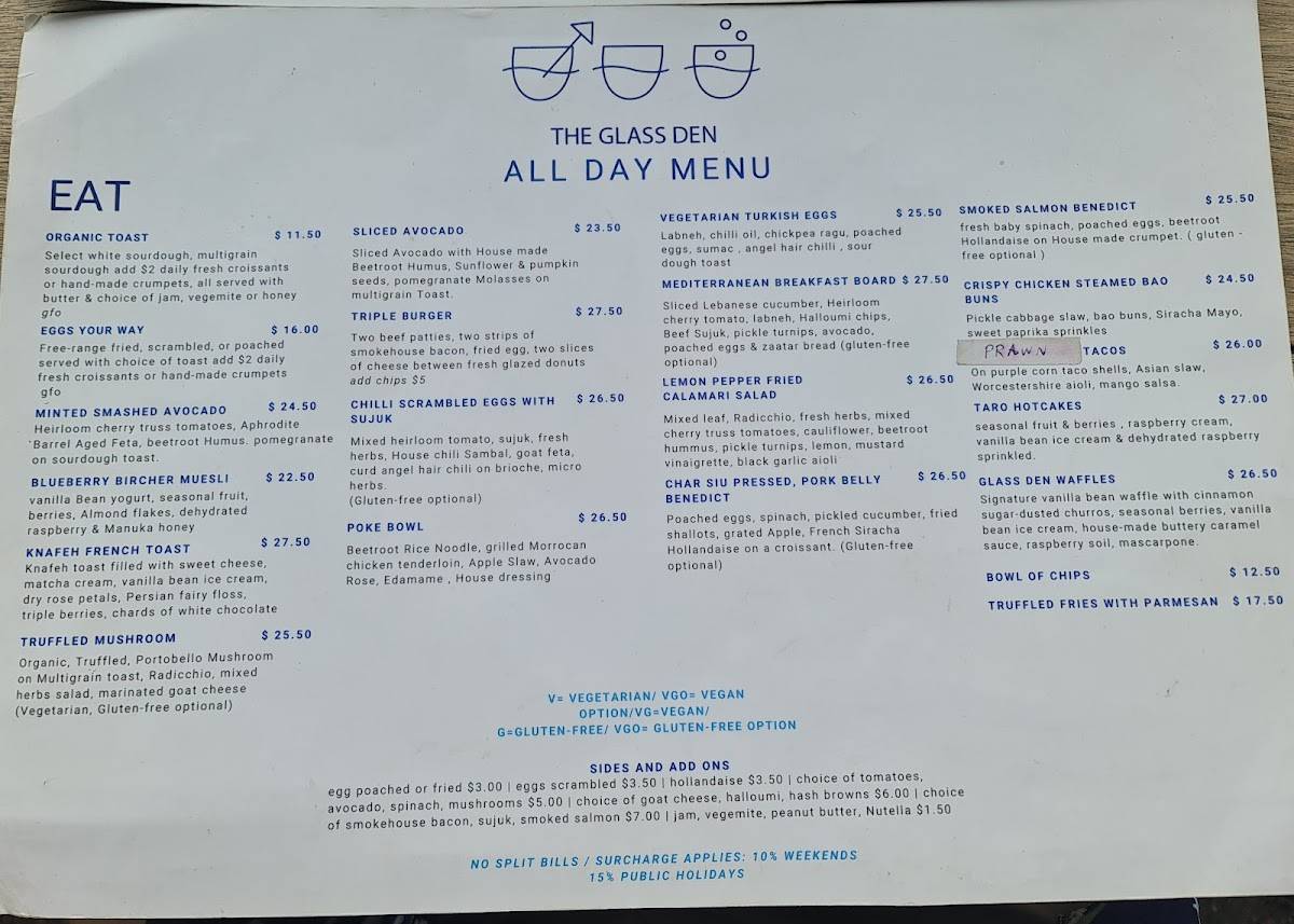 Menu at The Glass Den cafe, Coburg