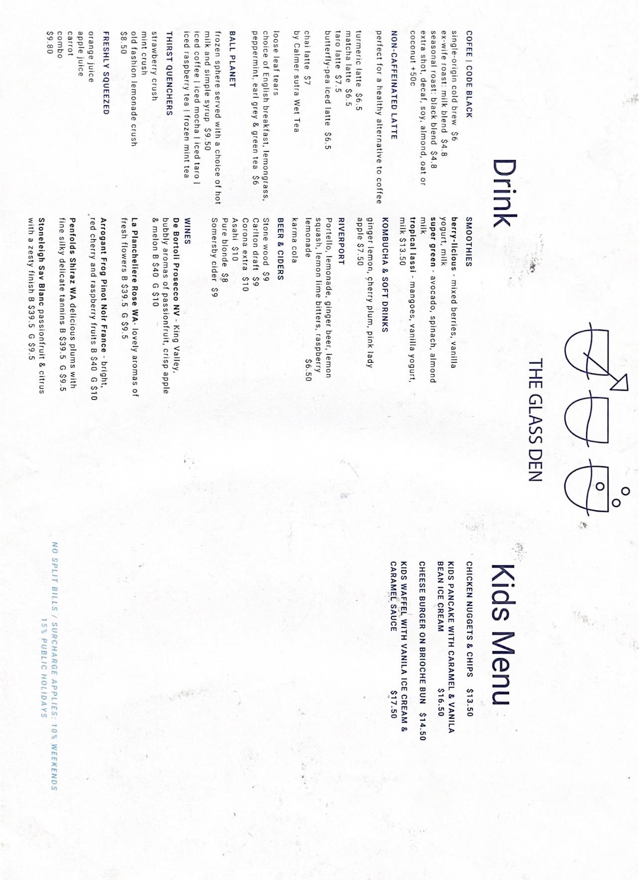 Menu at The Glass Den cafe, Coburg