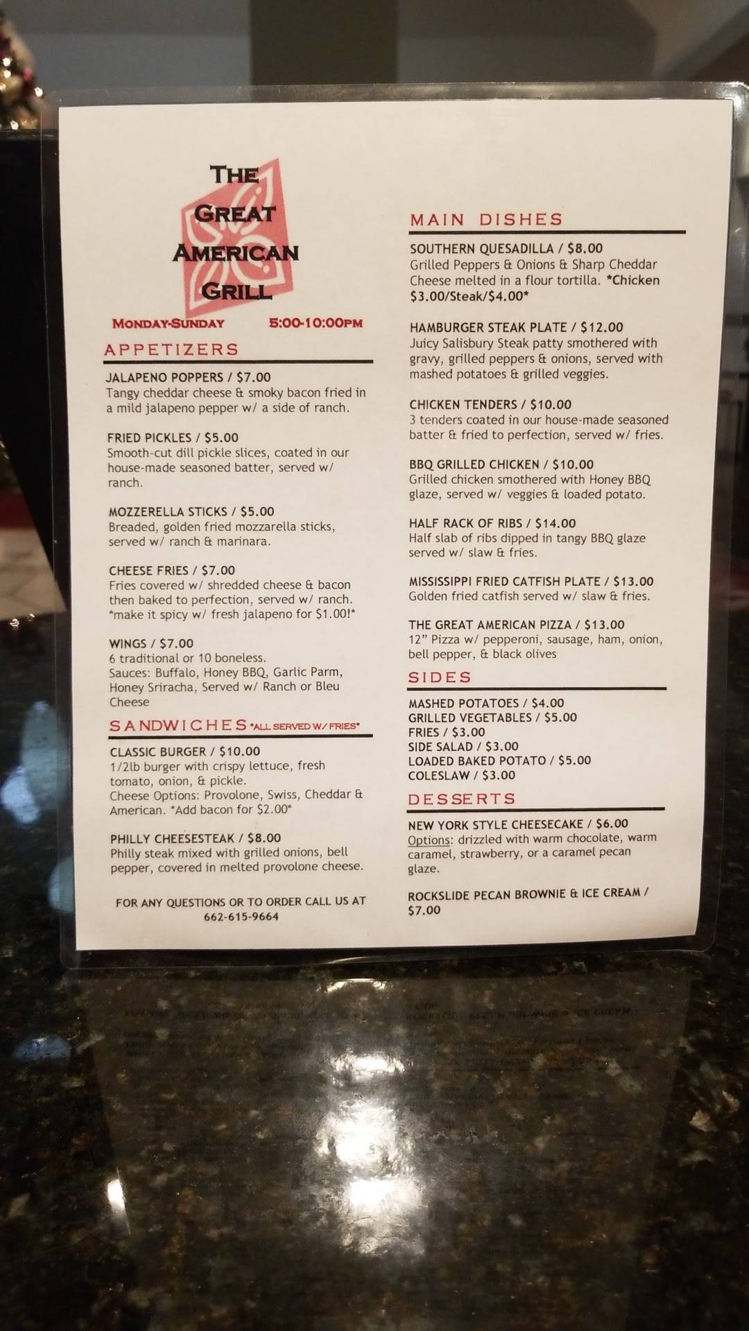 Menu at The Great American Grill restaurant, Starkville, 975 MS-12