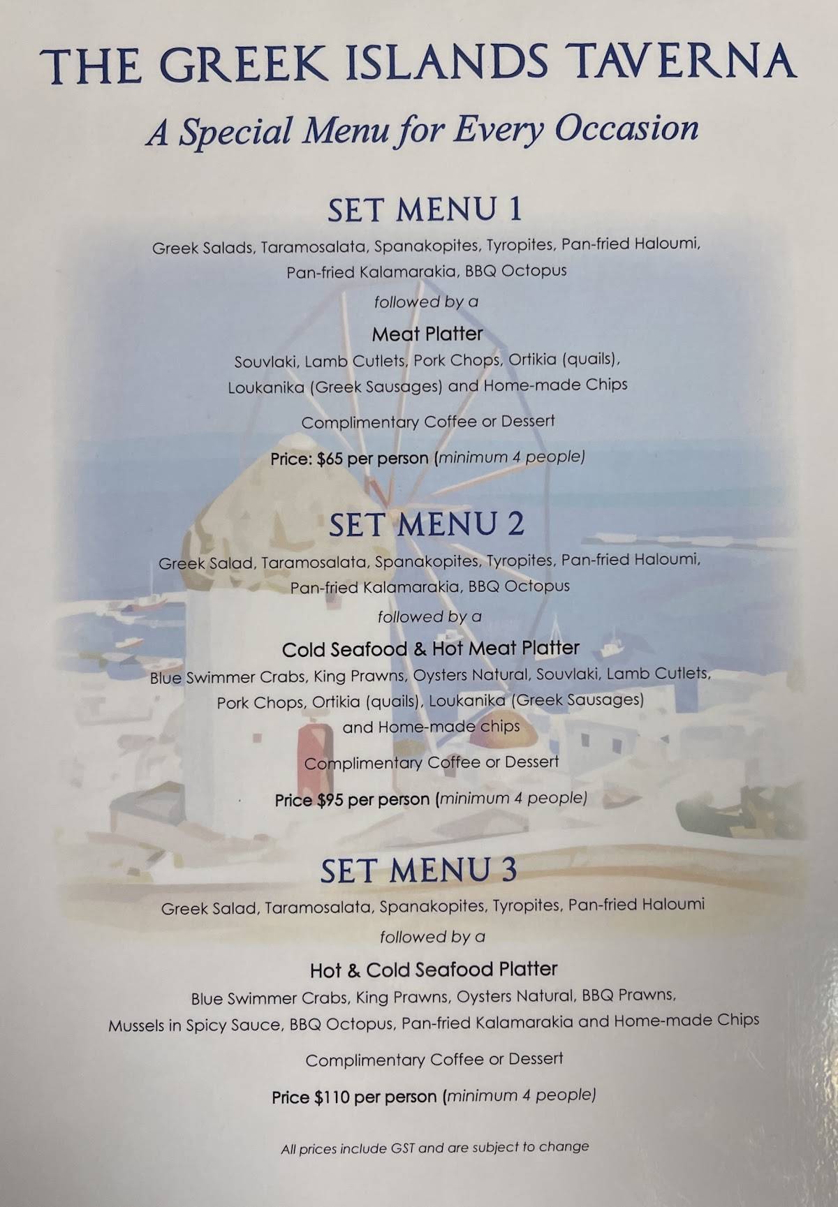 Menu at The Greek Islands Taverna restaurant, Sutherland