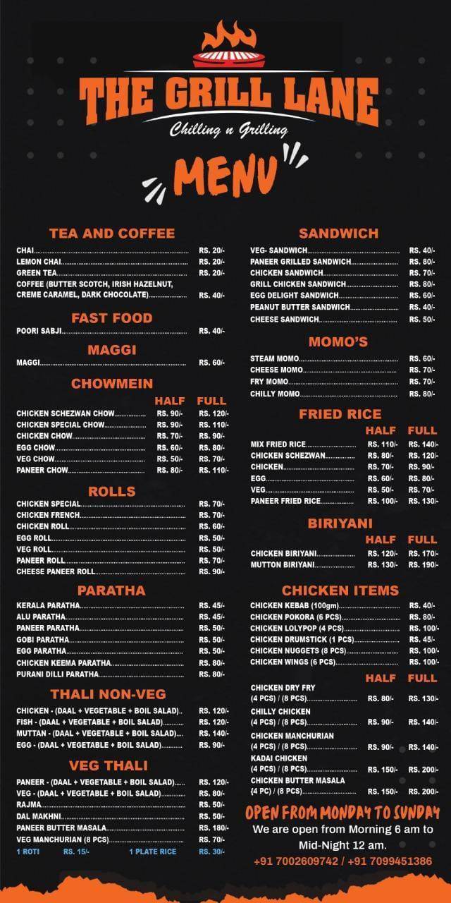 Menu at The Grill Lane Cafe, Guwahati