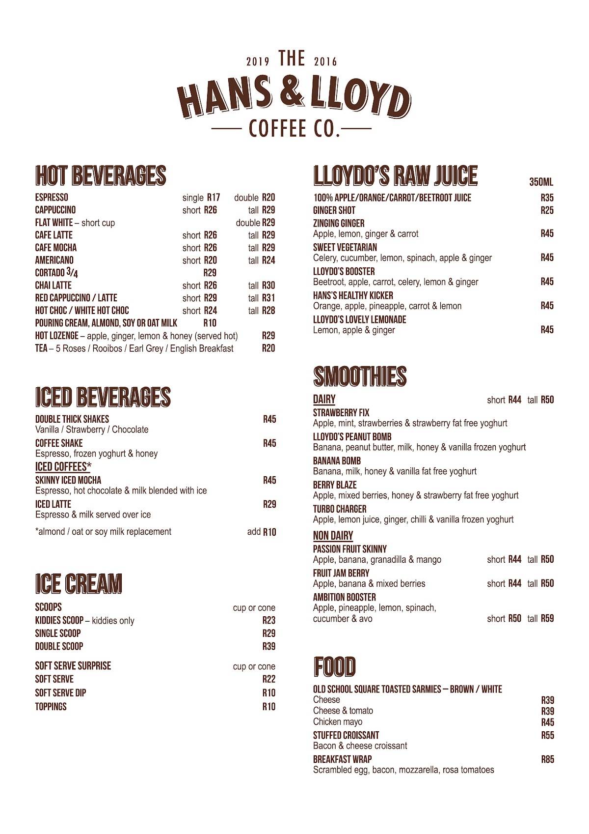 Menu at The Hans and Lloyd Coffee Co restaurant, Cape Town