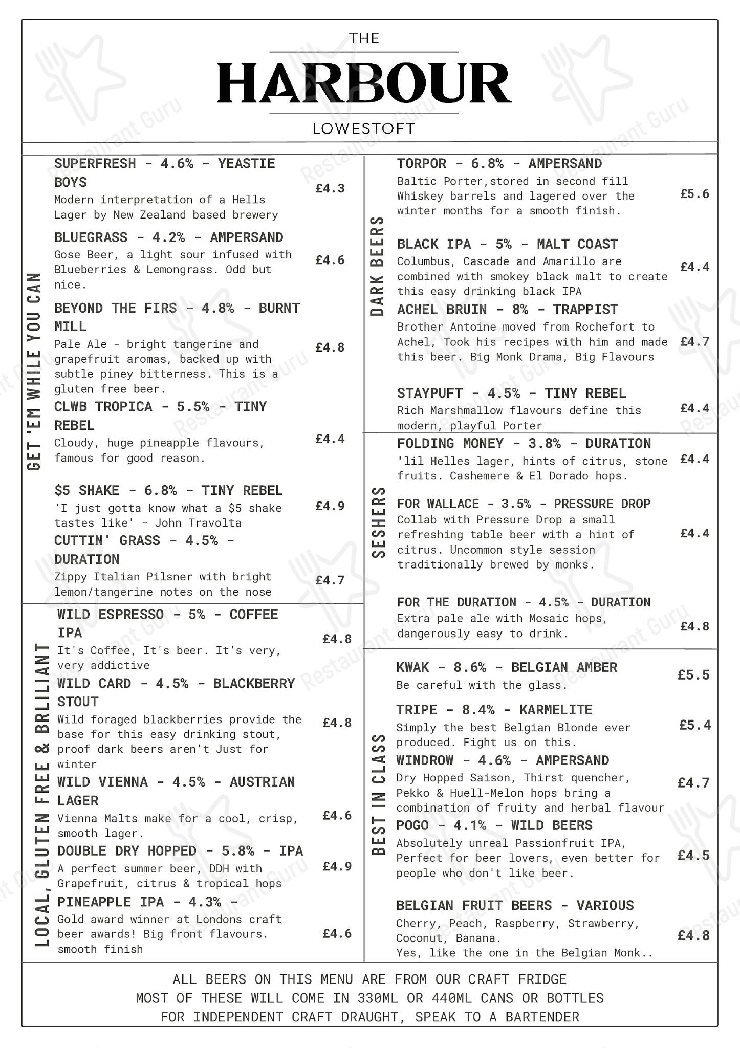 Menu at The Harbour Inn pub & bar, Lowestoft, Bridge House