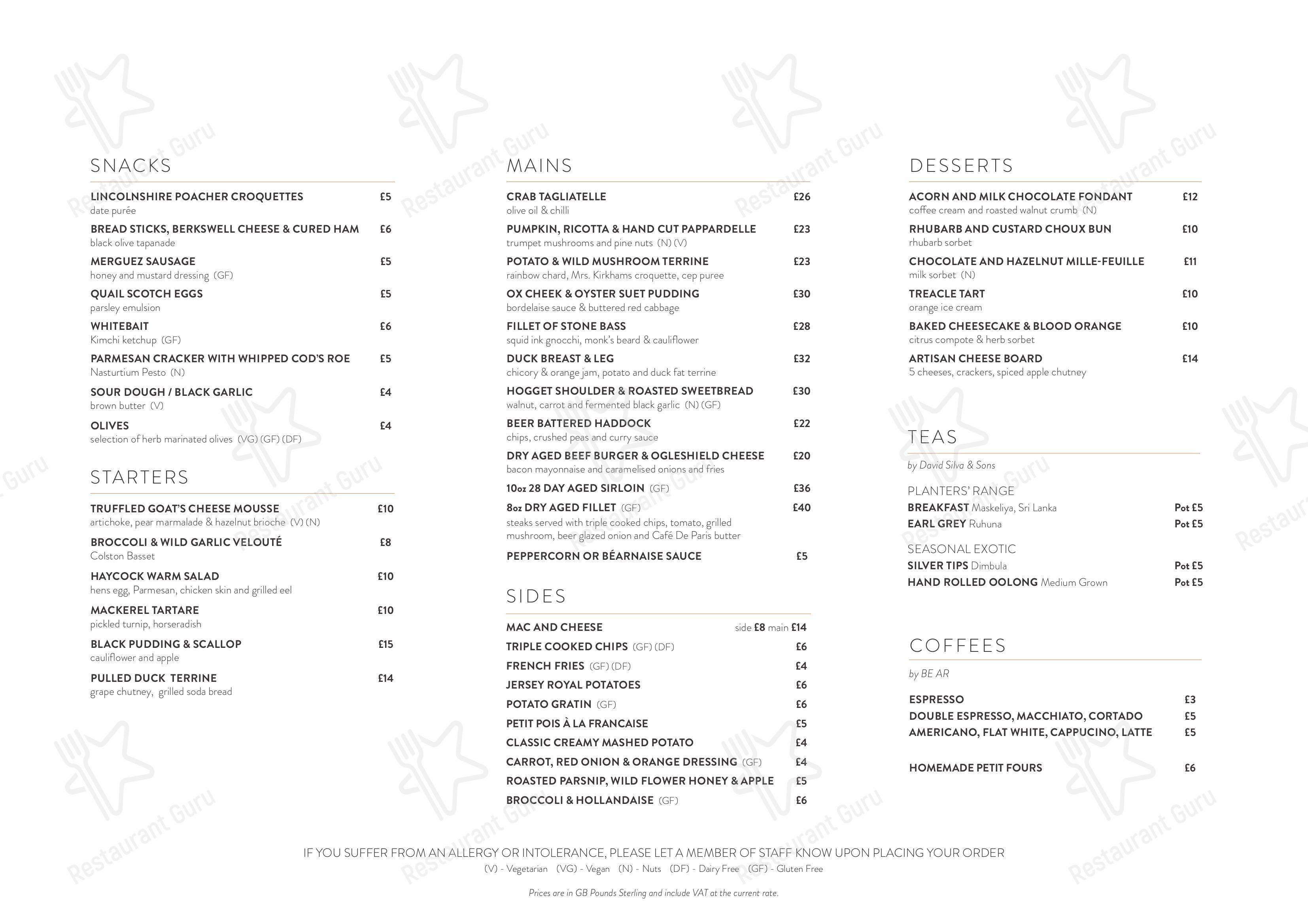Menu at The Haycock Manor Hotel restaurant, Wansford