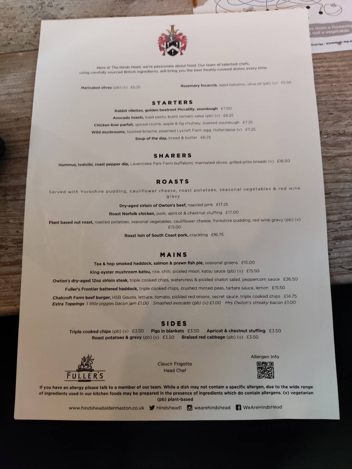 Menu at The Hind's Head, Aldermaston pub & bar, Tadley