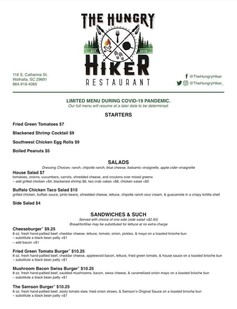 Menu at The Hungry Hiker Restaurant, Walhalla