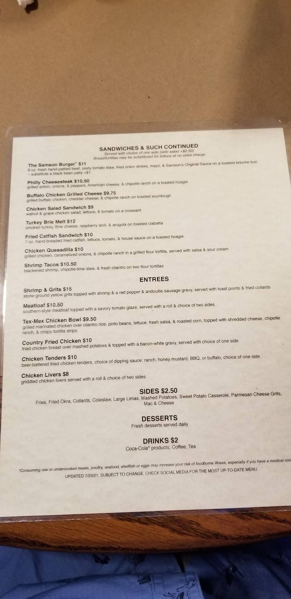 Menu at The Hungry Hiker Restaurant, Walhalla