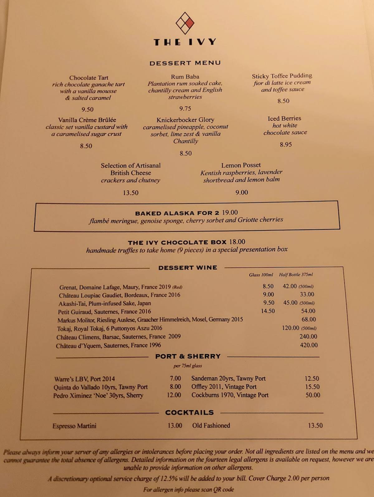 Menu at The Ivy restaurant, London, 1-5 West St