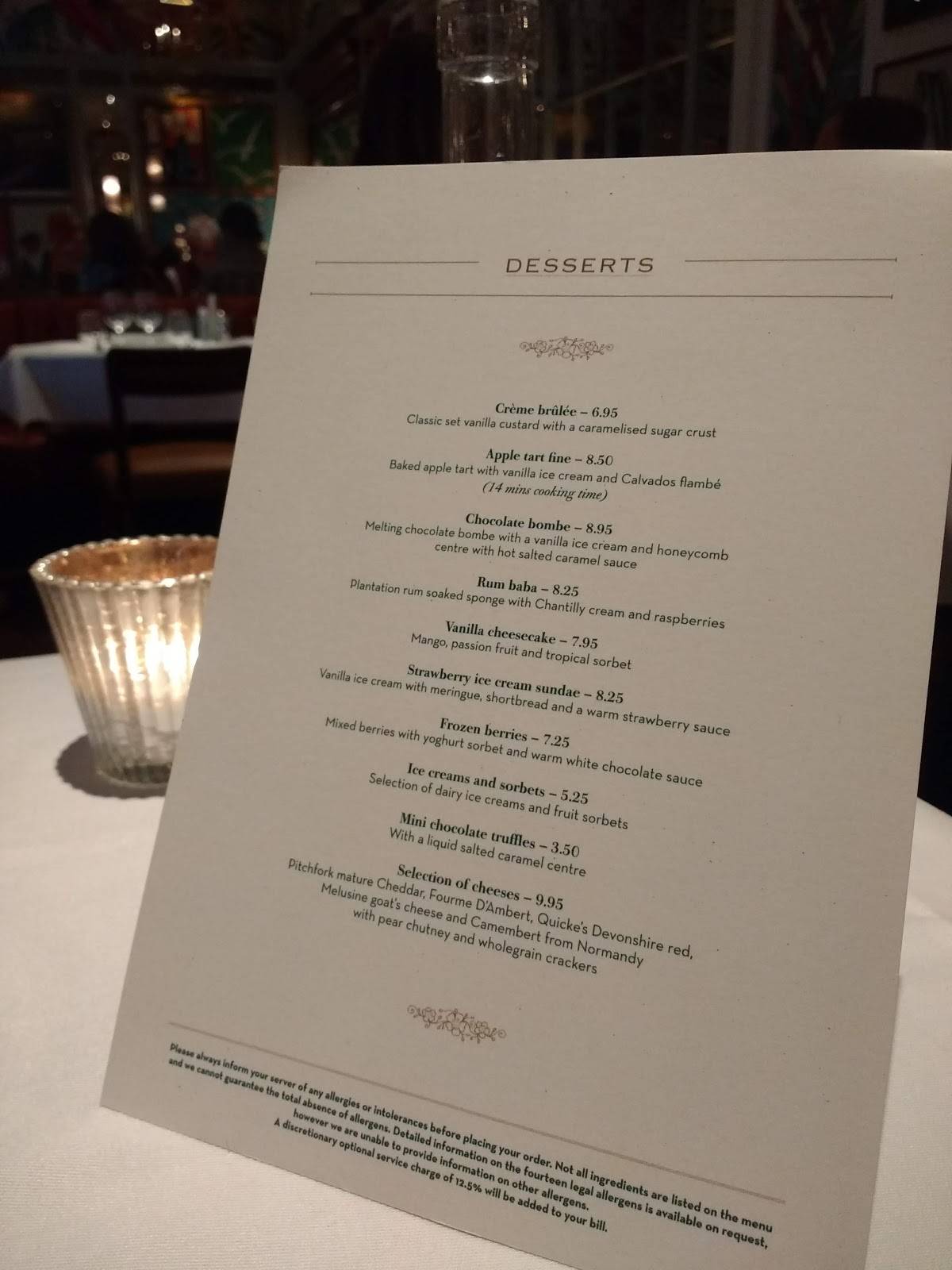 Menu at The Ivy In The Lanes restaurant, Brighton
