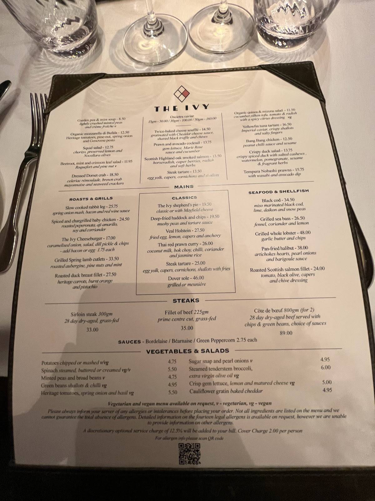Menu at The Ivy restaurant, London, 1-5 West St