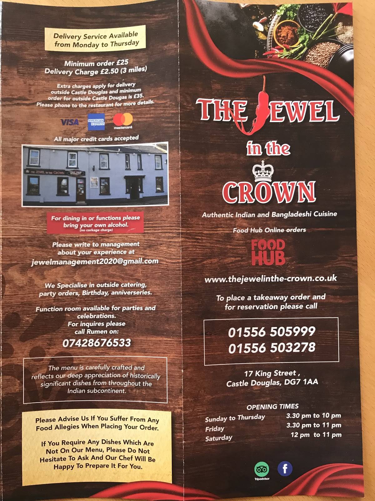 Menu at The Jewel In The Crown restaurant, Castle Douglas