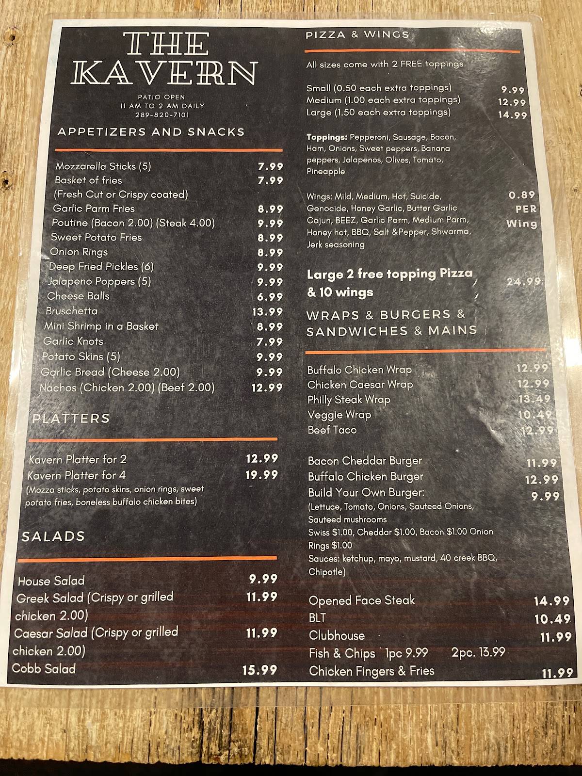 Menu at The Kavern pub & bar, Welland