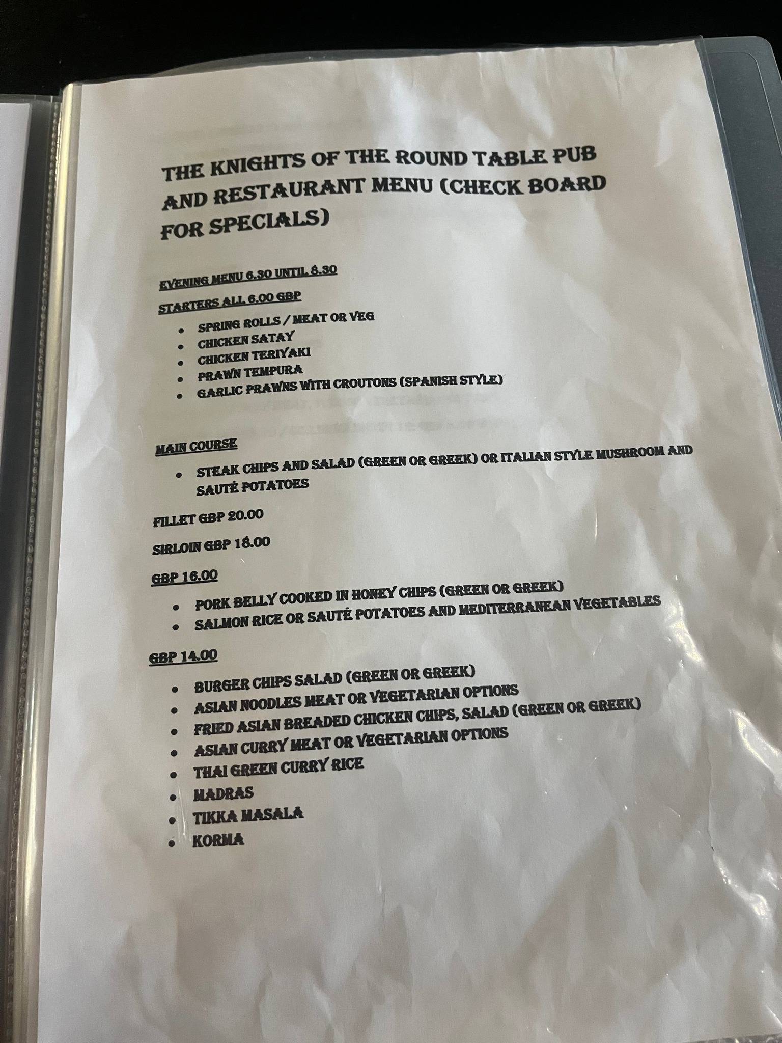 Menu at The Knights Of The Round Table pub & bar, Camelford