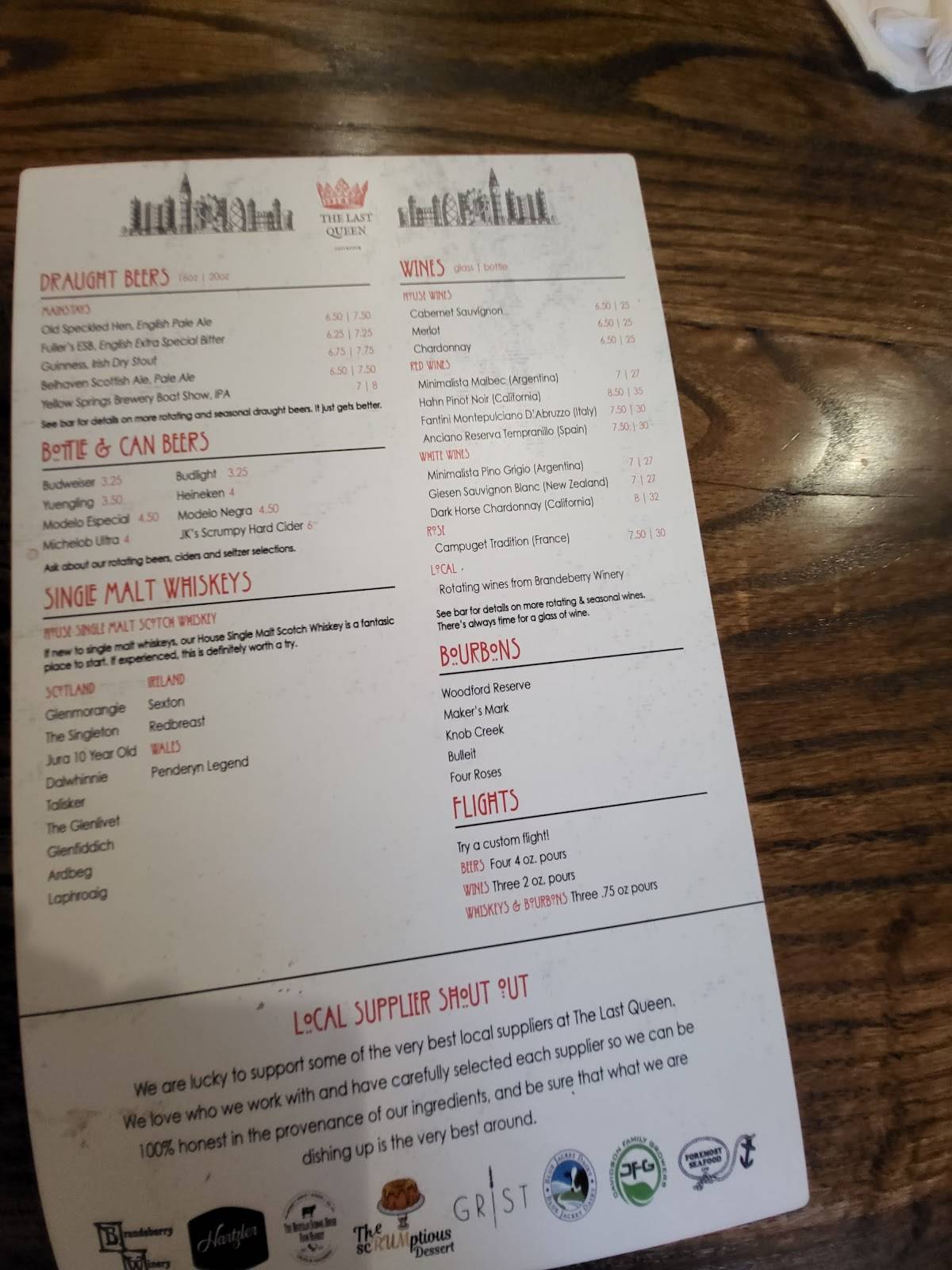 Menu at The Last Queen pub & bar, Enon
