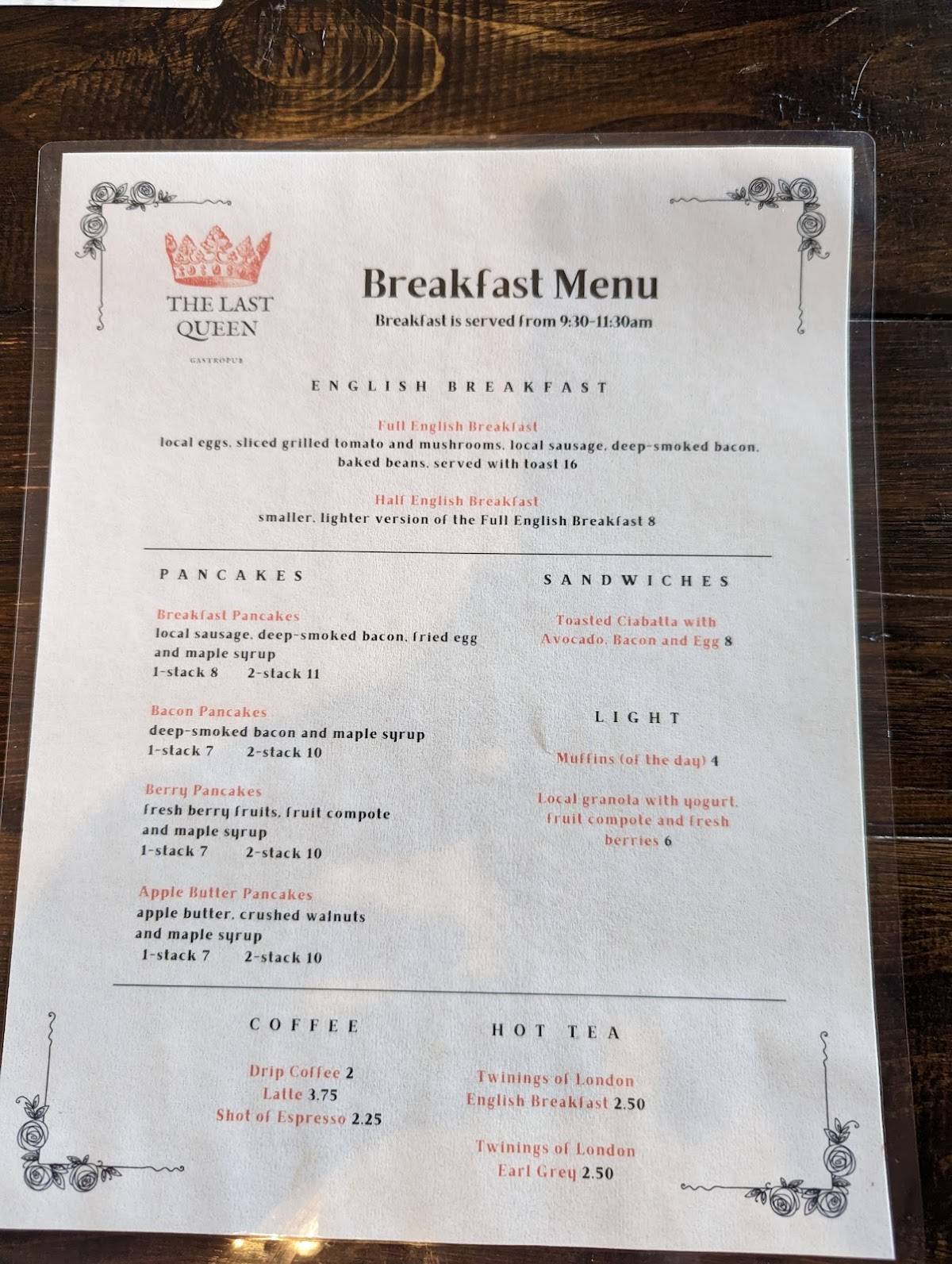 Menu at The Last Queen pub & bar, Enon