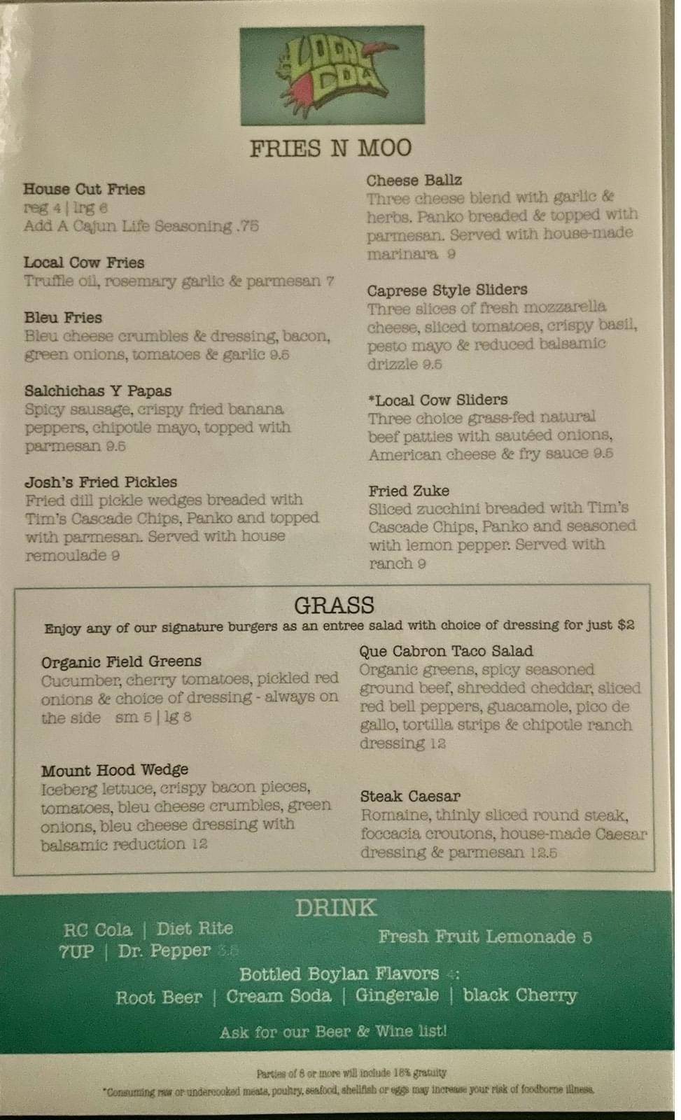 Menu at The Local Cow fast food, Gresham