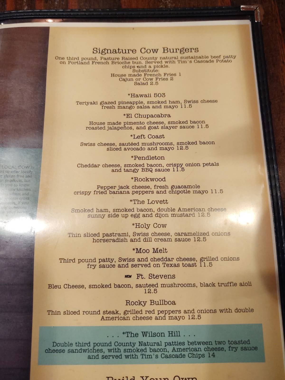 Menu at The Local Cow fast food, Gresham