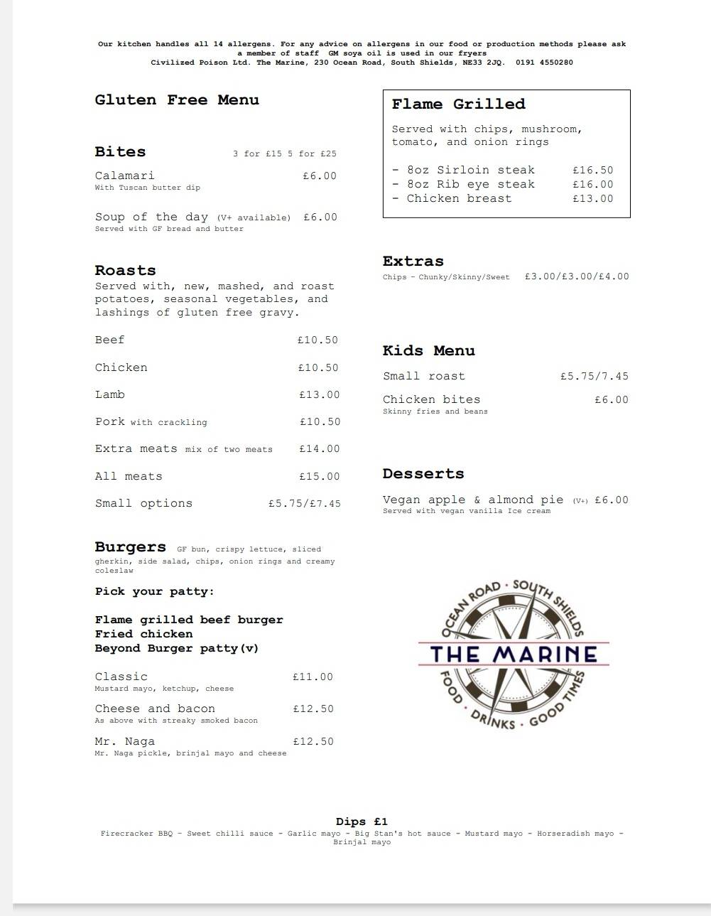 Menu at The Marine pub & bar, South Shields