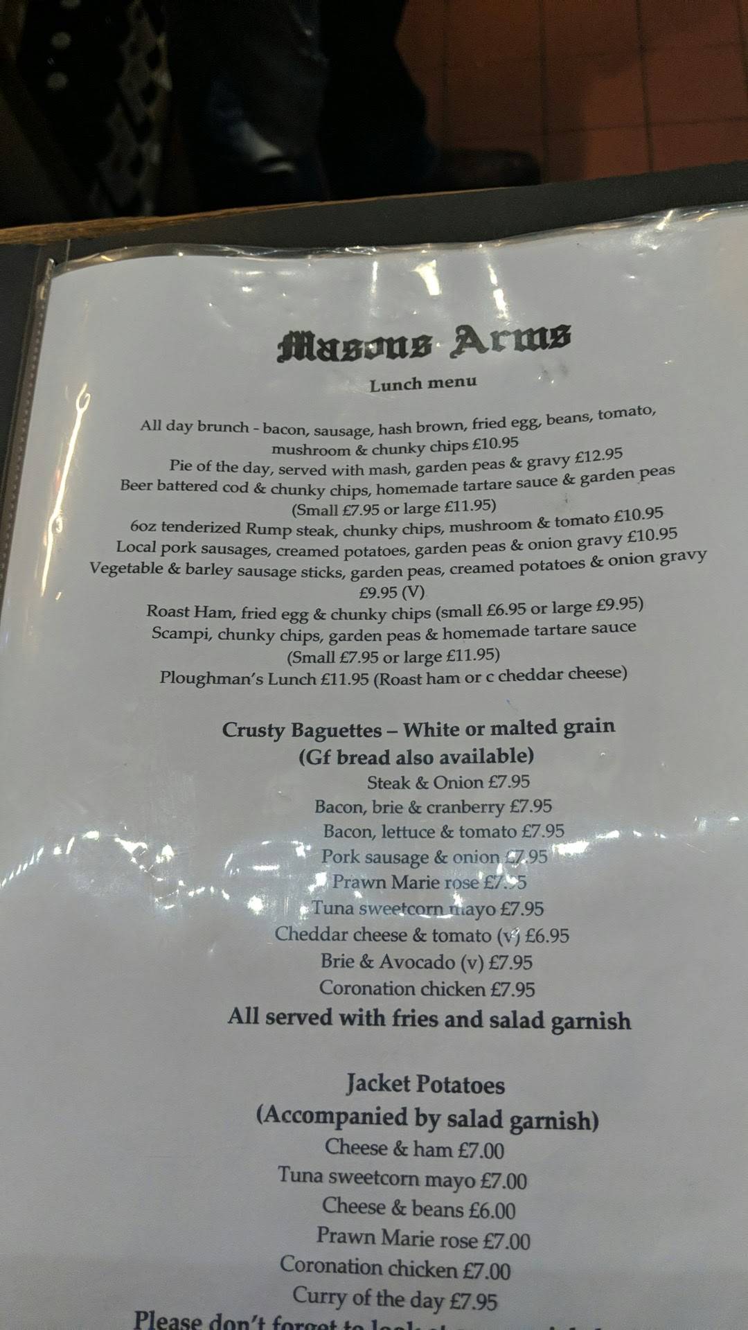 Menu at The Mason's Arms pub & bar, Williton