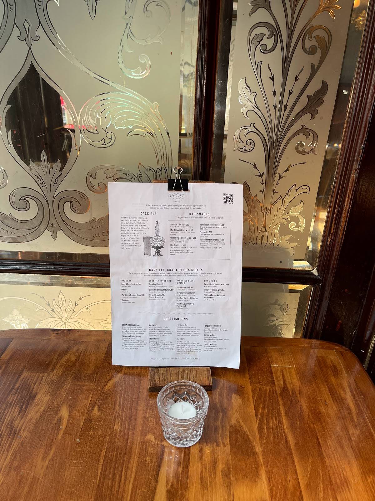 Menu at The Mitre Bar, Edinburgh