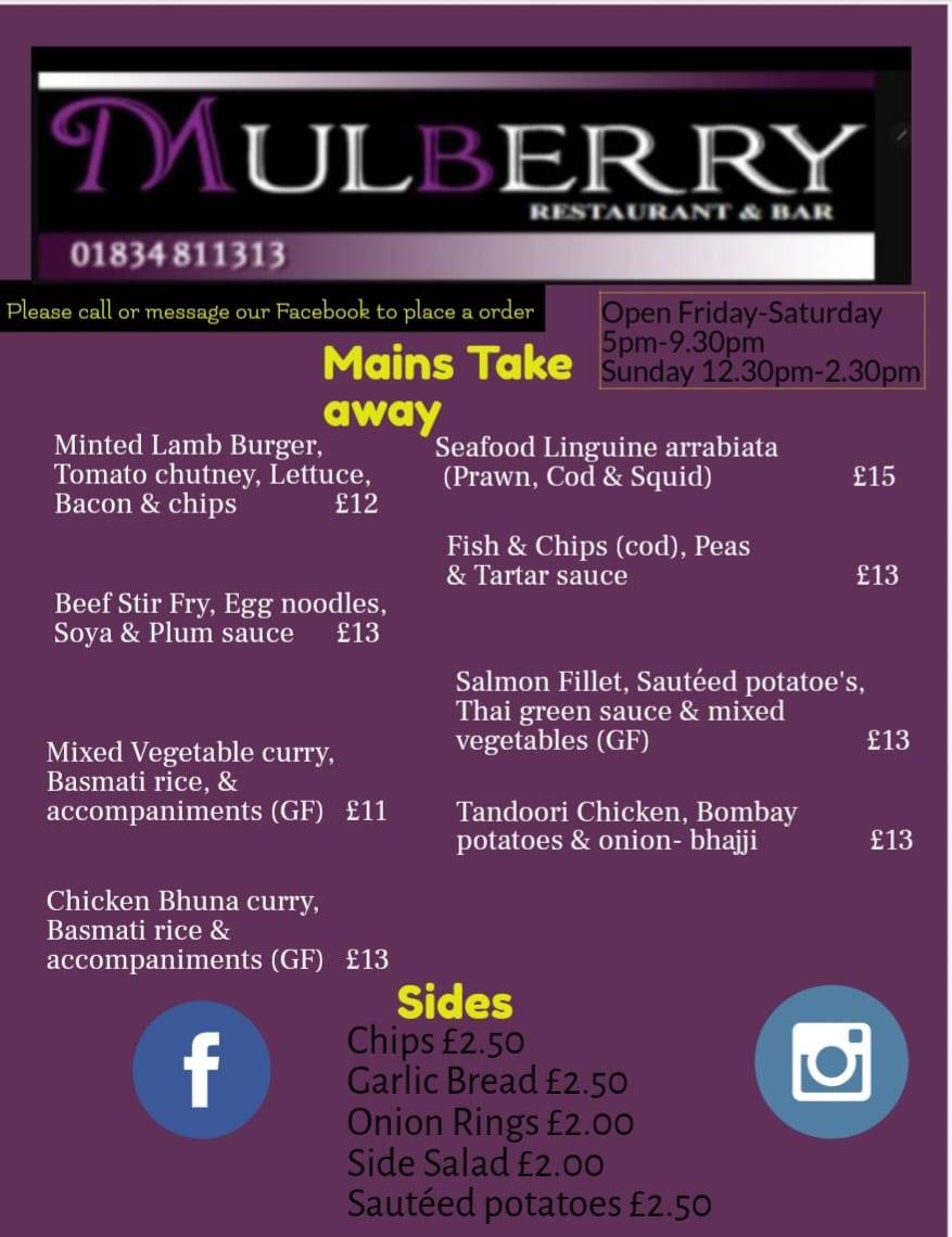 Menu at The Mulberry Restaurant, Saundersfoot