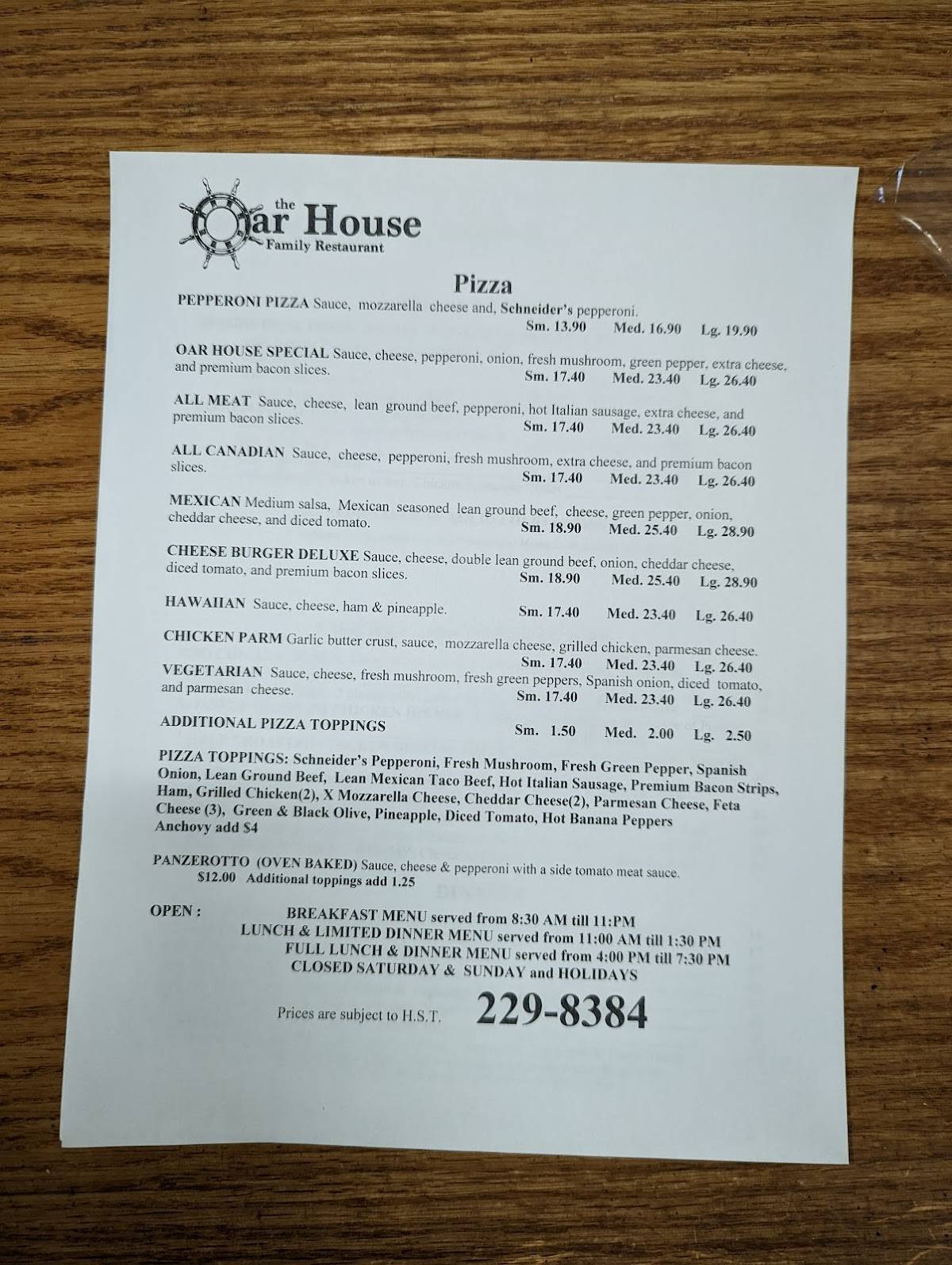 Menu at The Oar House pub & bar, Marathon