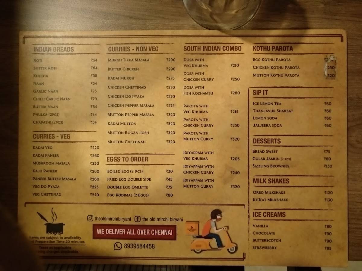Menu at The Old Mirchi Biryani, Chennai, Velachery Bypass Rd