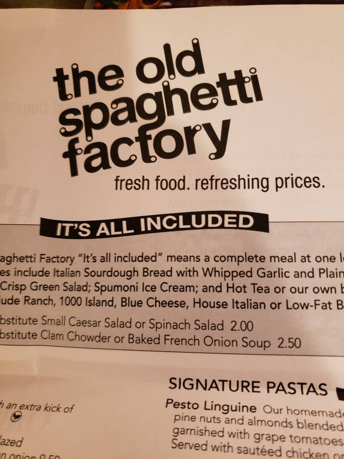 Menu at The Old Spaghetti Factory (Saskatoon) restaurant, Saskatoon