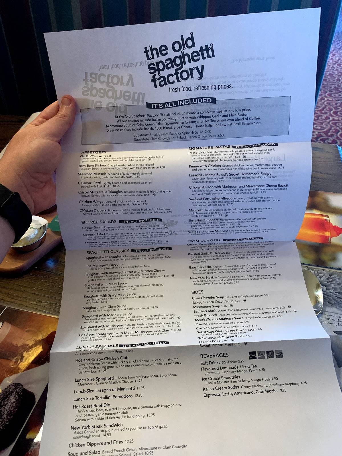 Menu at The Old Spaghetti Factory (Saskatoon) restaurant, Saskatoon