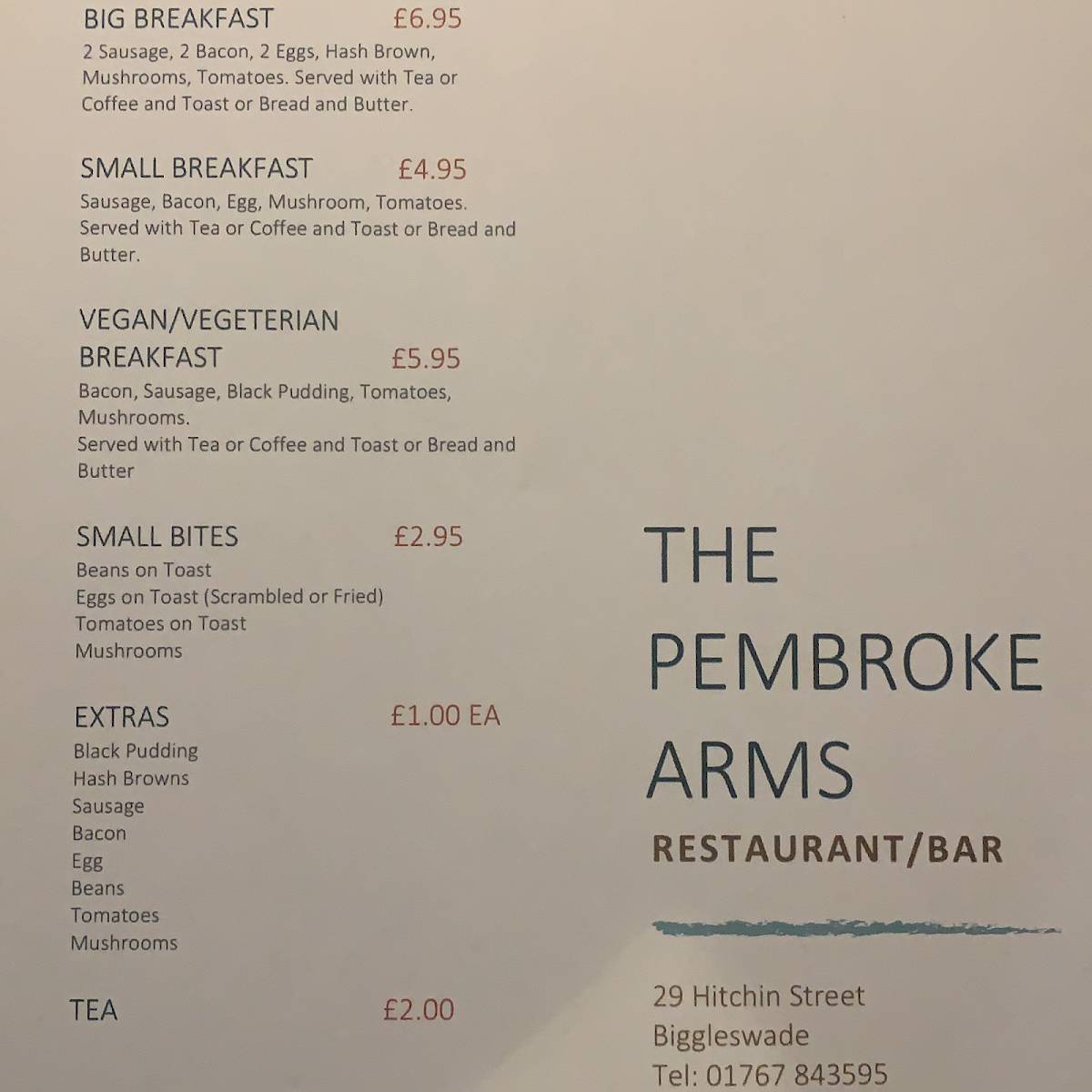 Menu at The Pembroke Arms pub & bar, Biggleswade