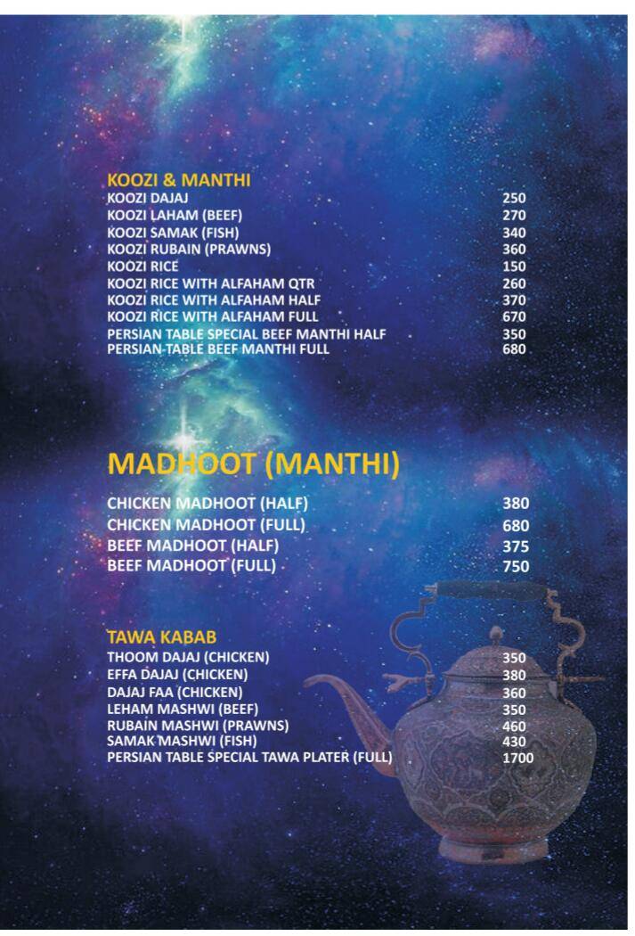 Menu at The Persian Table, Vadayampady