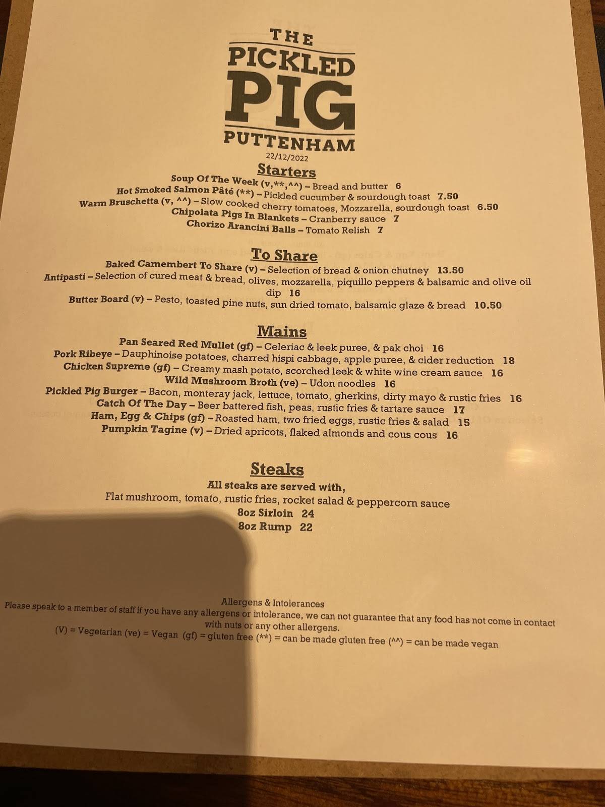 Menu at The Pickled Pig Puttenham pub & bar, Guildford