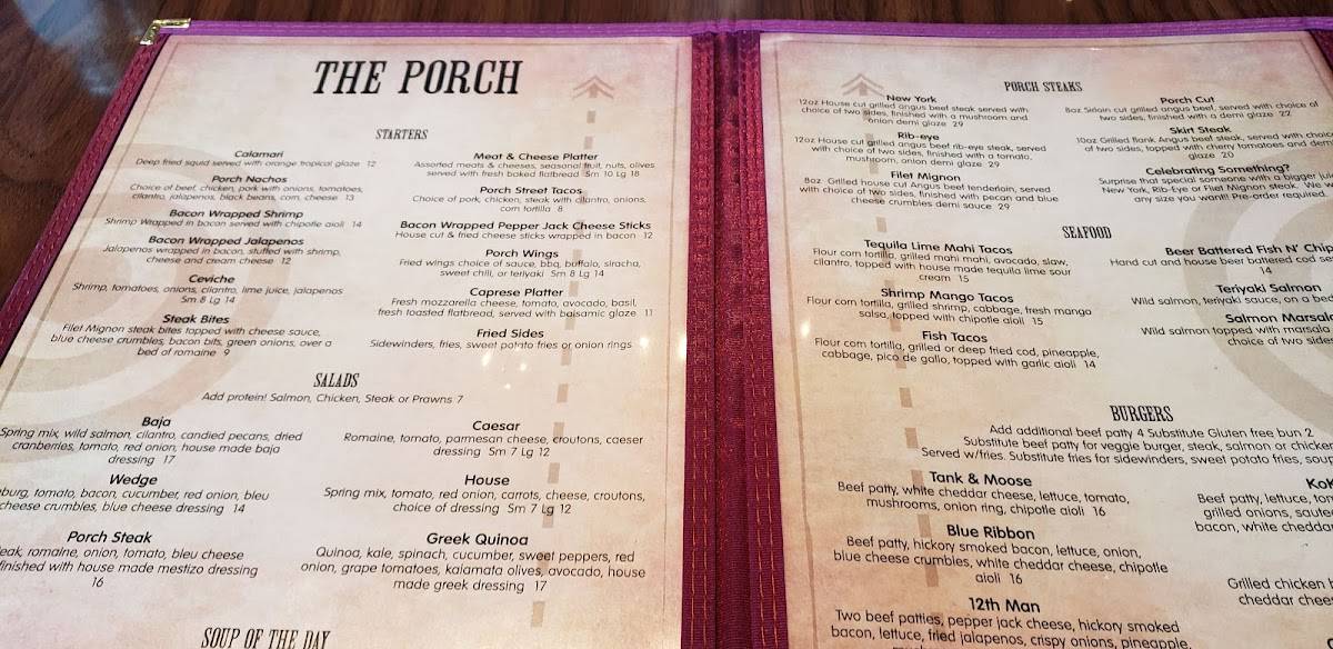 Menu at The Porch steakhouse, Ellensburg