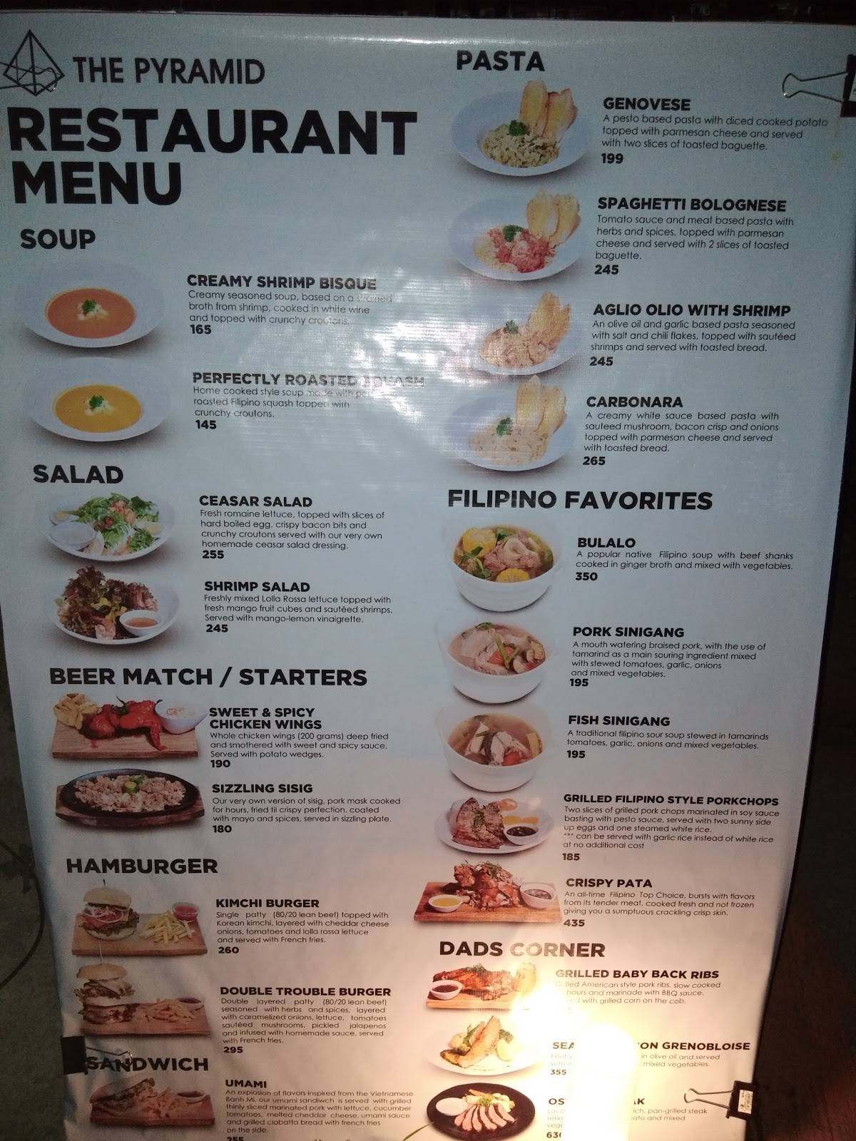 Menu at The Pyramid restaurant, Cebu City