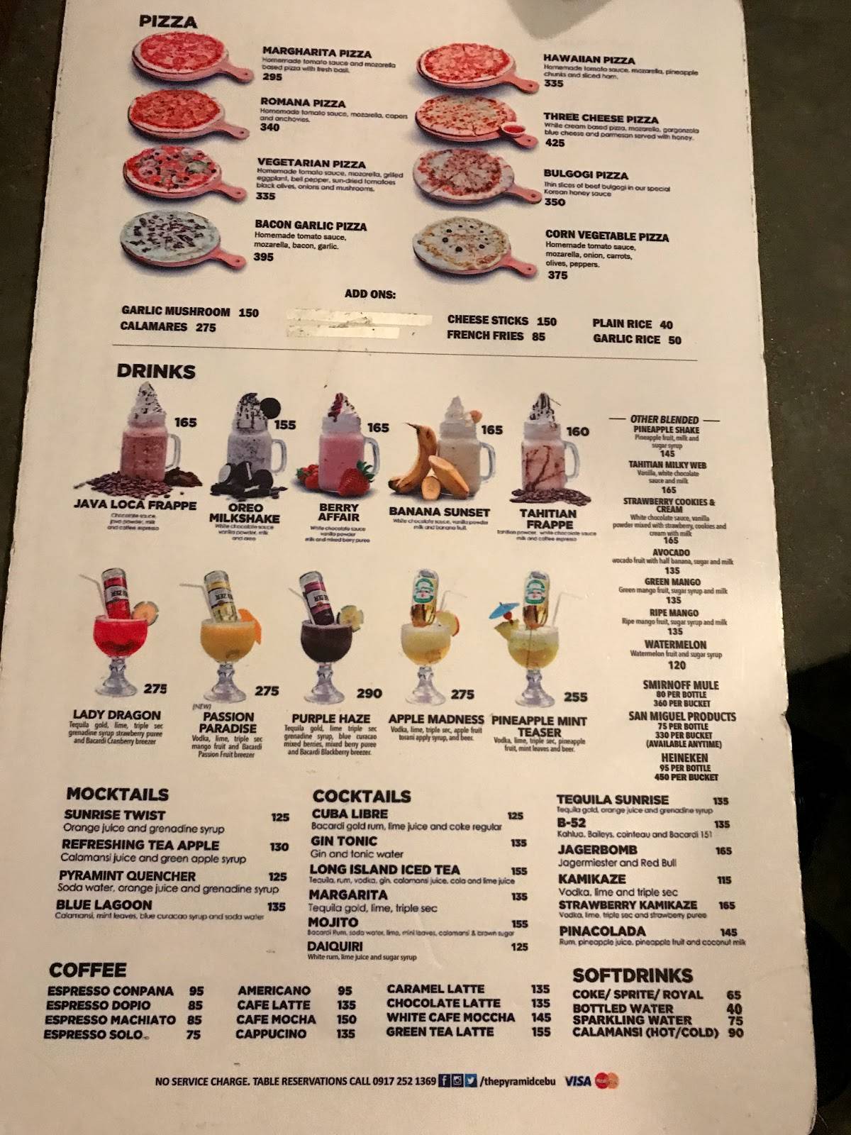 Menu at The Pyramid restaurant, Cebu City