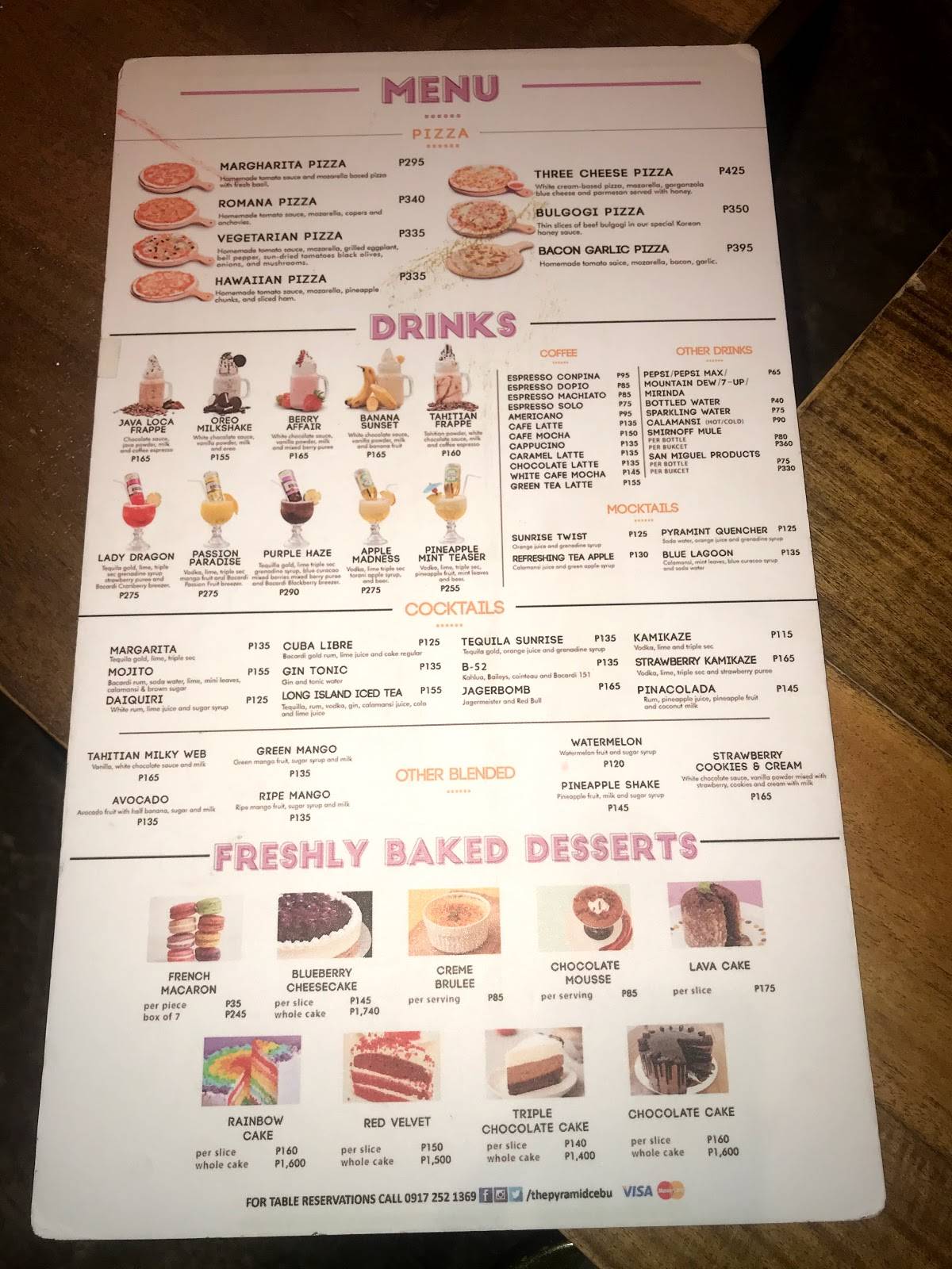 Menu at The Pyramid restaurant, Cebu City