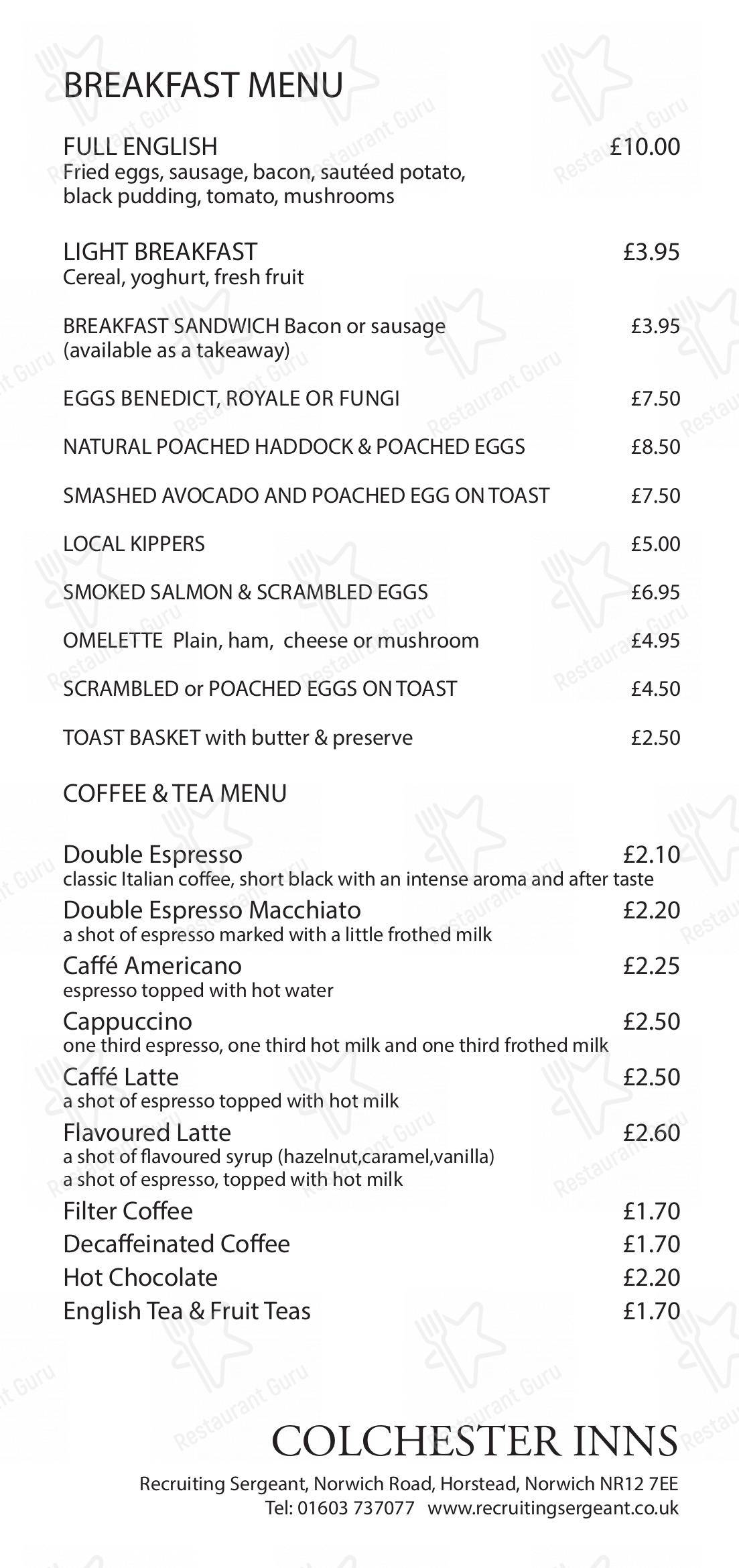 Menu at The Recruiting Sergeant pub & bar, Norwich