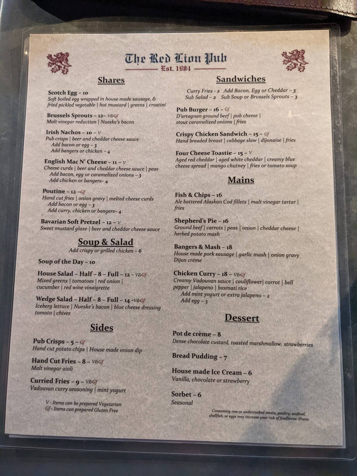 Menu at The Red Lion Pub, Chicago