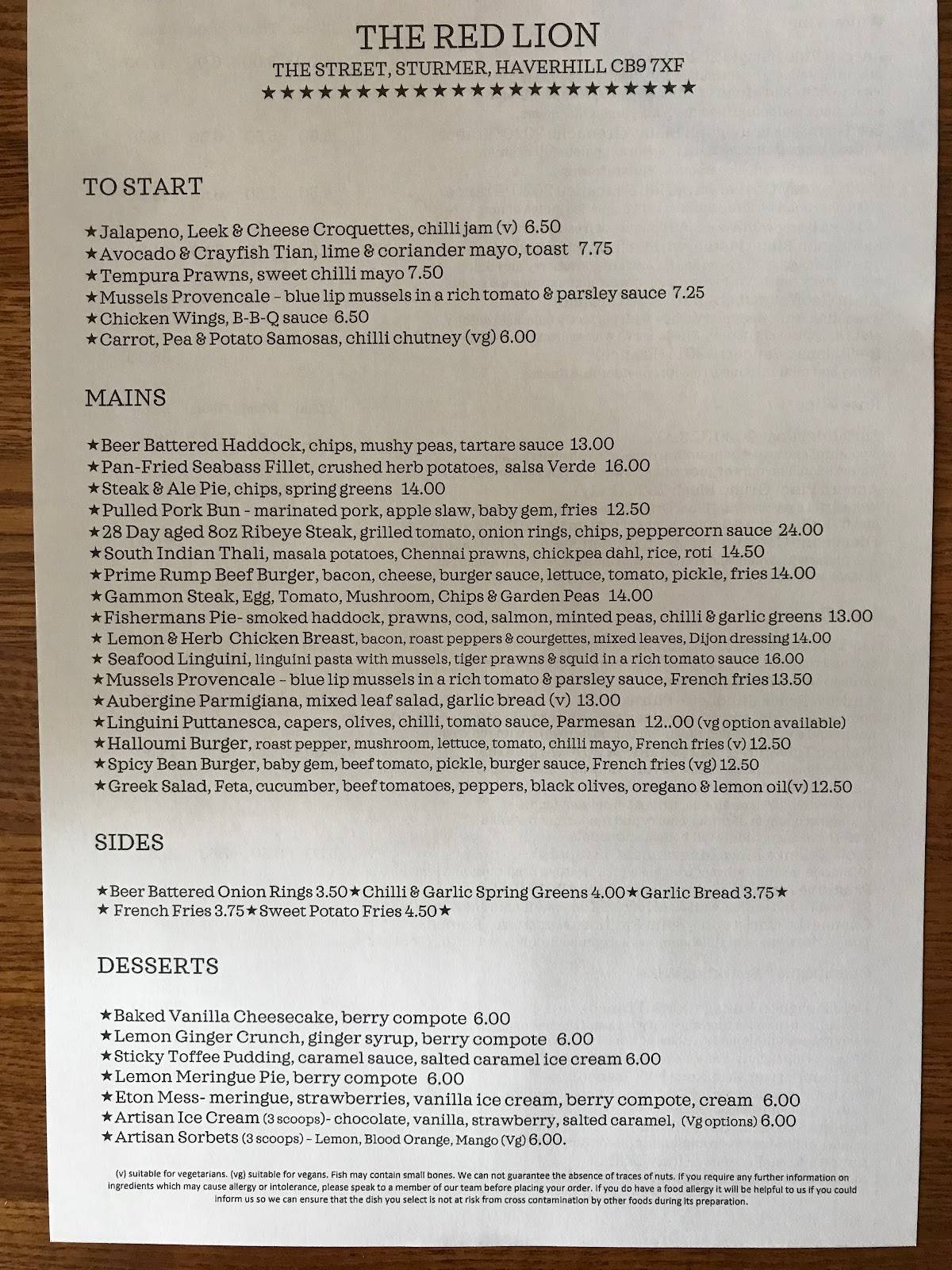Menu at The Red Lion Sturmer pub & bar, Haverhill, Red Lion