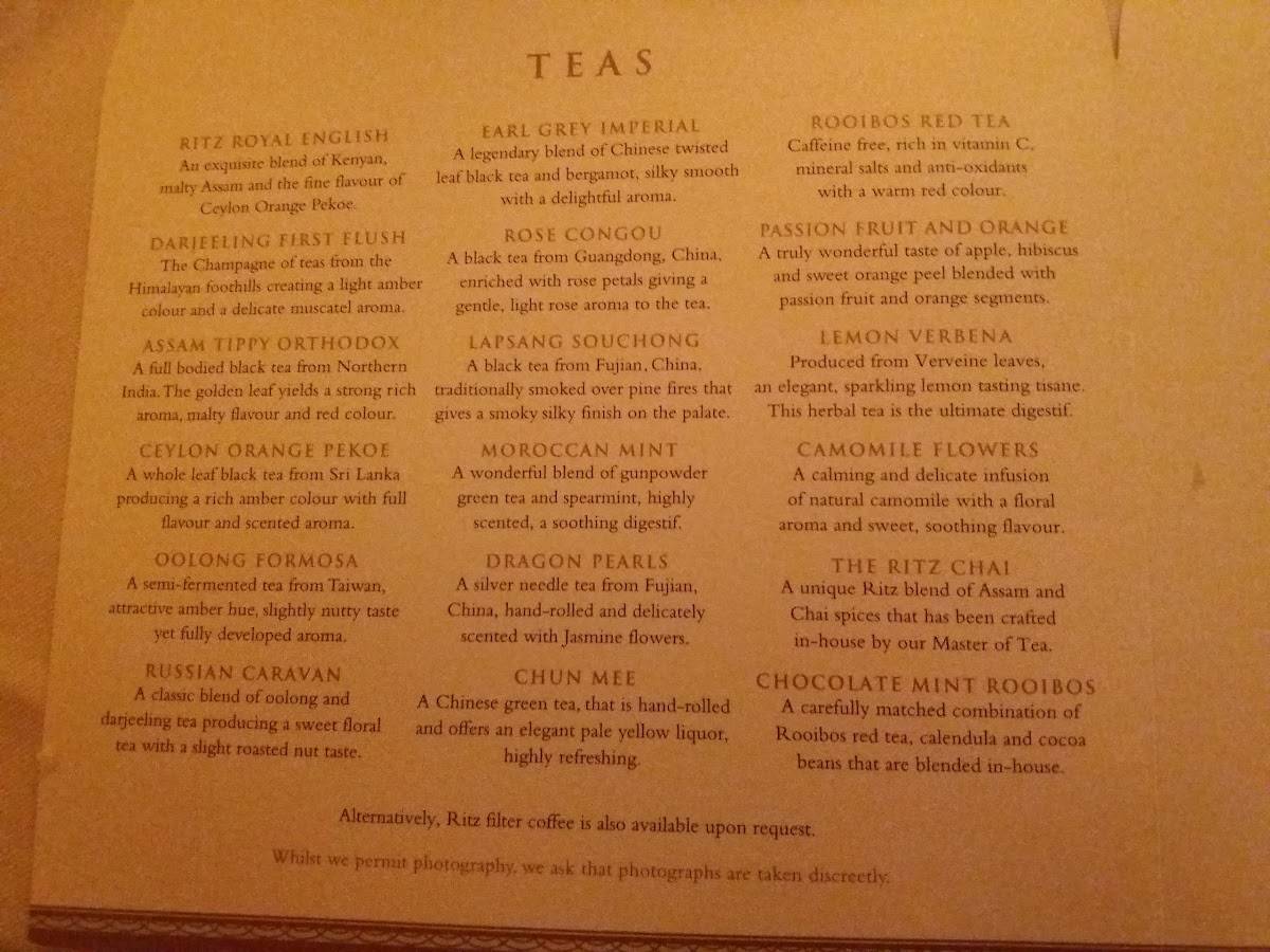 Menu at The Ritz Restaurant, London