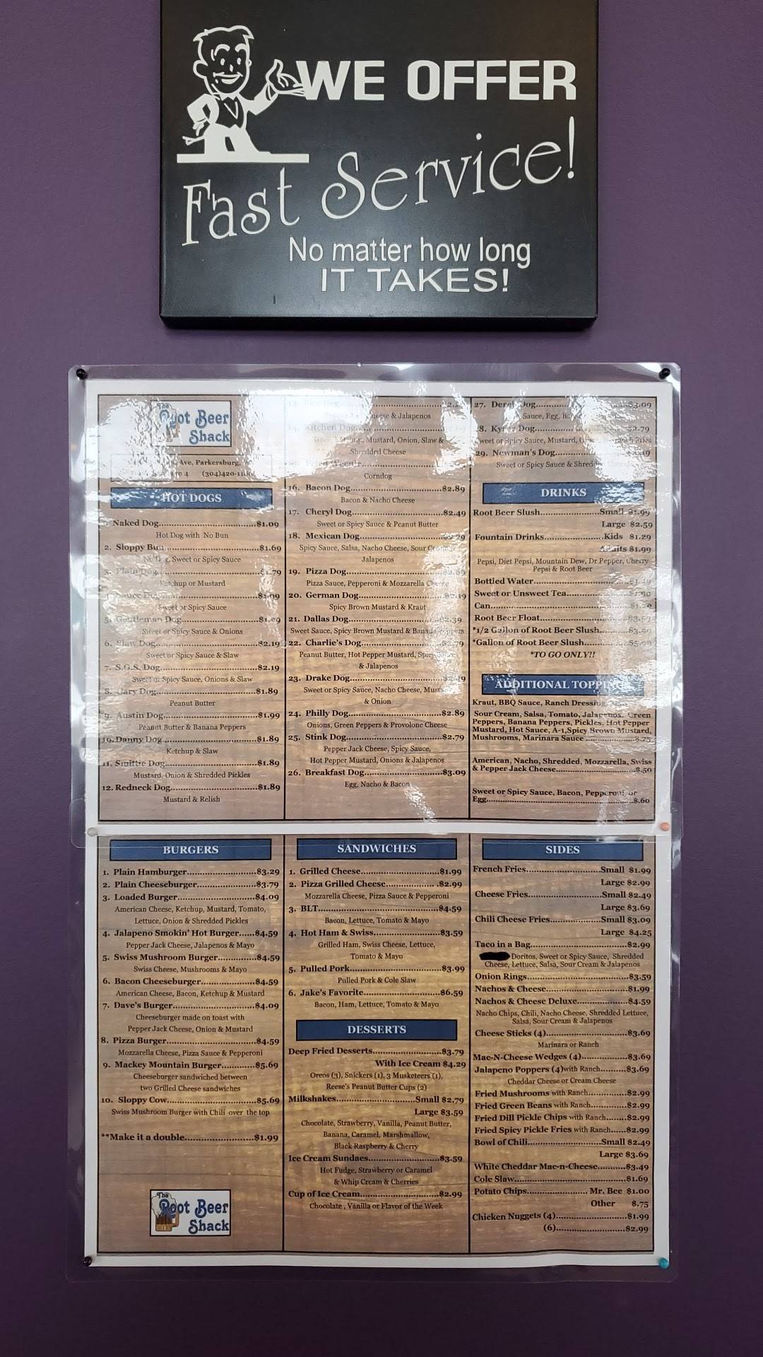 Menu at The Root Beer Shack restaurant, Parkersburg