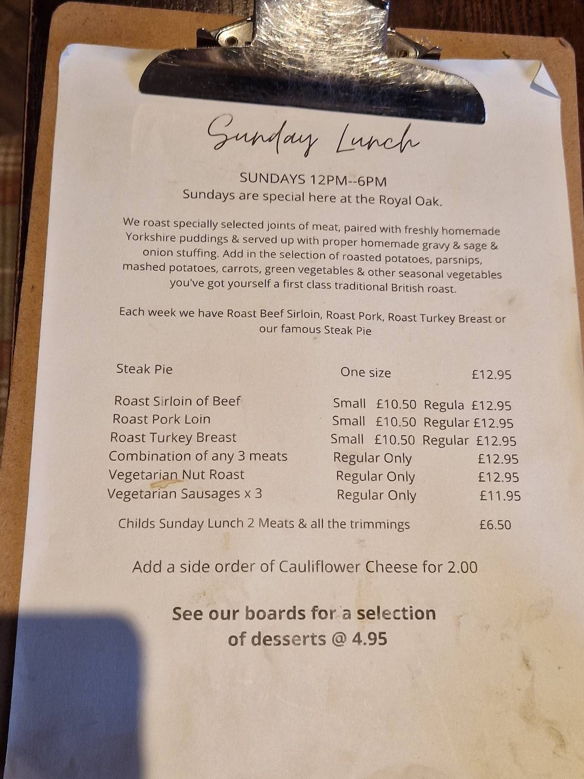 Menu at The Royal Oak pub & bar, Tickhill