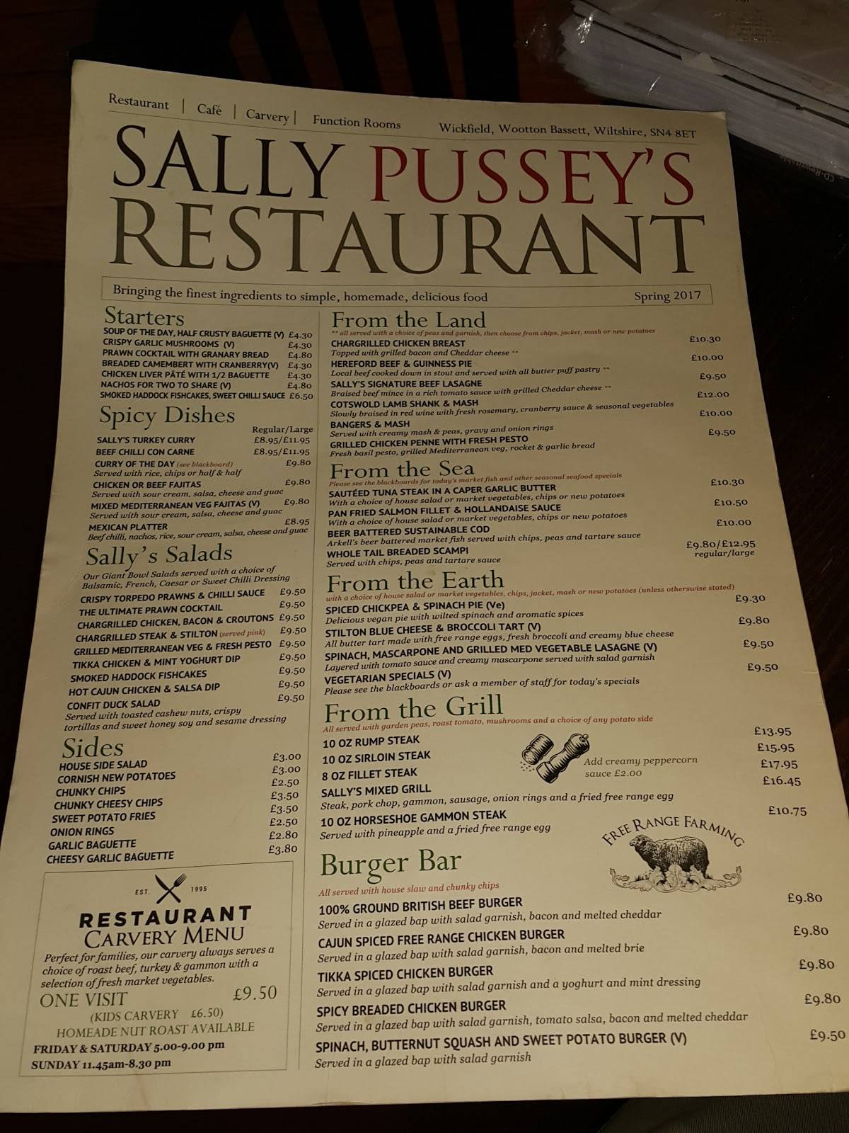 Menu at The Sally Pussey's Inn pub & bar, Swindon, Swindon Rd