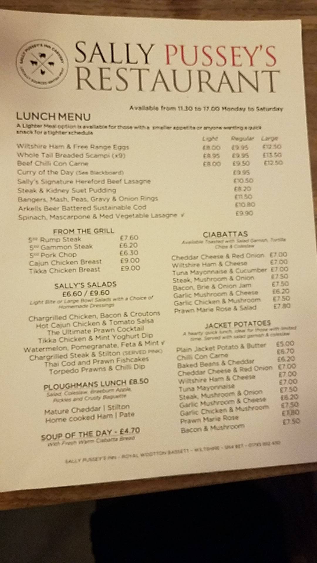 Menu at The Sally Pussey's Inn pub & bar, Swindon, Swindon Rd
