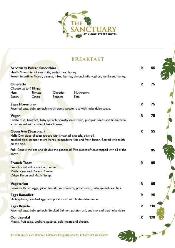 Menu at The Sanctuary Restaurant - Cape Town, Cape Town